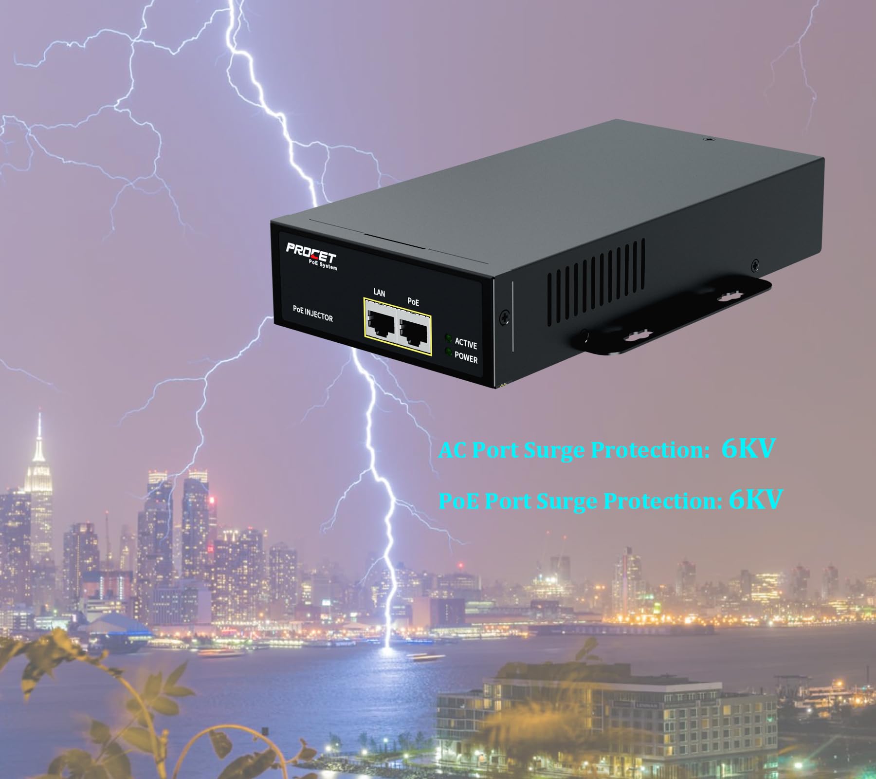 PROCET PoE Iniector 75W Active PoE++ Industrial Grade Gigabit PoE Power Injector, 6KV Surge Protection, -40°F to 149°F for PTZ Camera, Wireless AP, PoS System, Kiosks, PT-PSE107GHRO-A