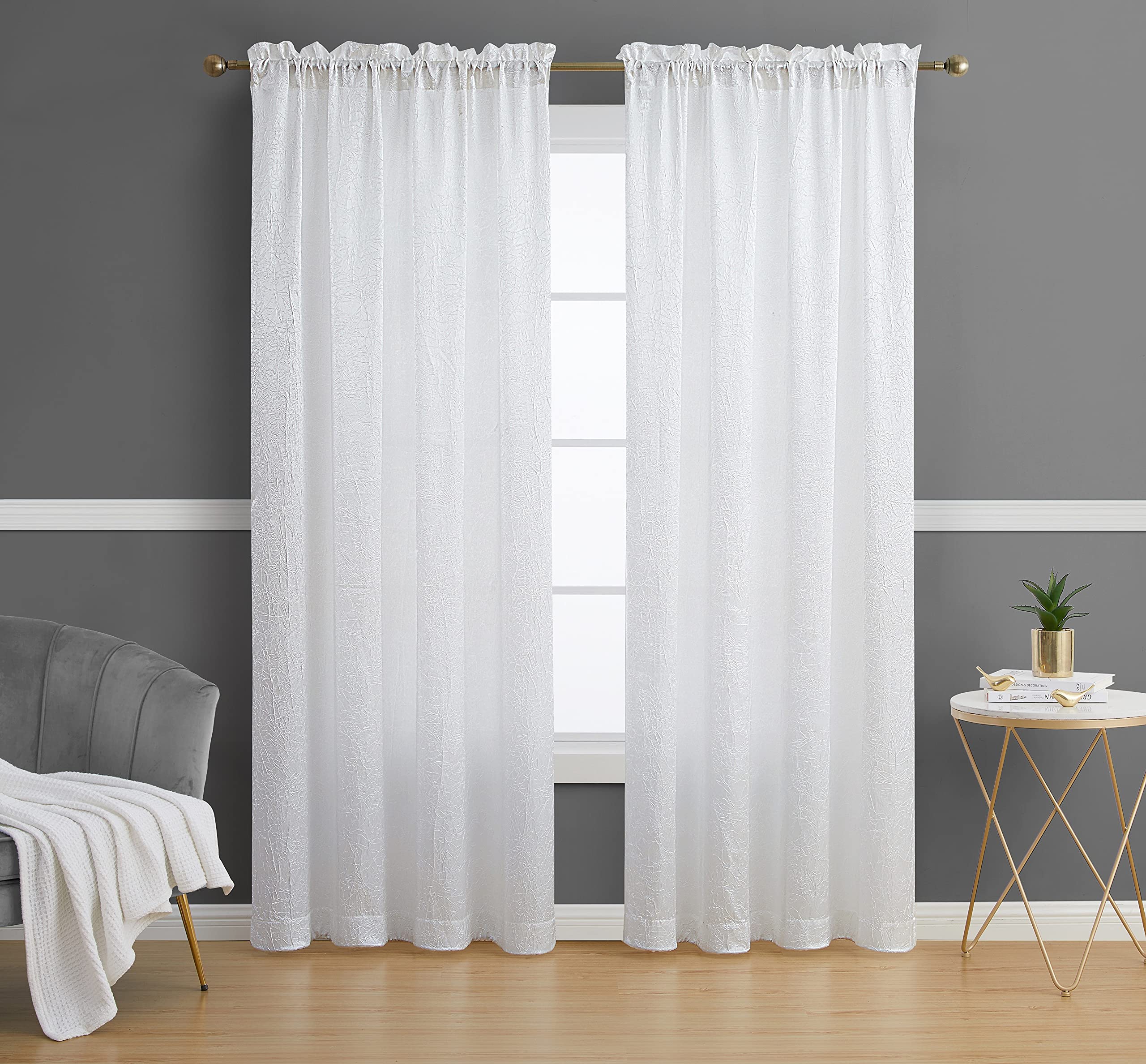 HLC.ME Bello Crushed Satin Semi Sheer Privacy Light Filtering Transparent Window Pocket Hole Curtains Drapery Panels for Bedroom & Living Room, 2 Panels (54 W x 84 L, White)