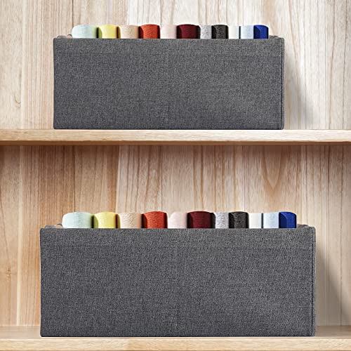 LaMorée Fabric Storage Bin Box Foldable Cotton Linen Storage Basket with Wooden Handles Rectangular Cube Decorative Home Nursery Laundry Organizer Clothes Blanket Container – Gray, Small