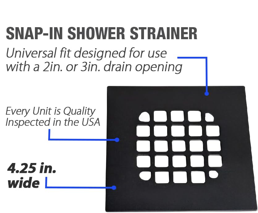 4-1/4” Square Snap-in Black Shower Drain - Matte Black Shower Drain - 4.25 inch Shower Drain Cover - Durable Square Shower Drain and Floor Drain Cover- **3" OD Snap-in Prong to Prong**