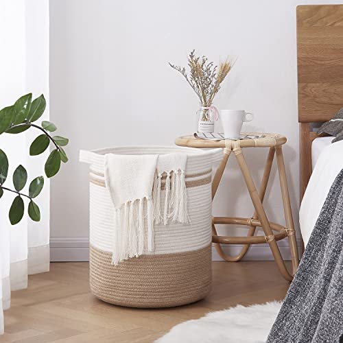 OIAHOMY Laundry Basket- Rope Basket Large Storage Basket with Handles,Modern Decorative Woven Basket for Living Room,Storage Baskets for Toys, Throws, Pillows,and Towels -18"×16"-White&Yellow
