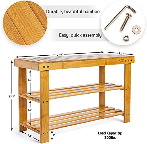 Homemaid Living Bamboo 3 Tier Shoe Rack Bench, Premium Shoe Organizer or Entryway Bench, Perfect for Shoe Cubby, Entry Bench, Bathroom Bench, Entryway Organizer, Hallway or Living Room(Natural Bamboo)