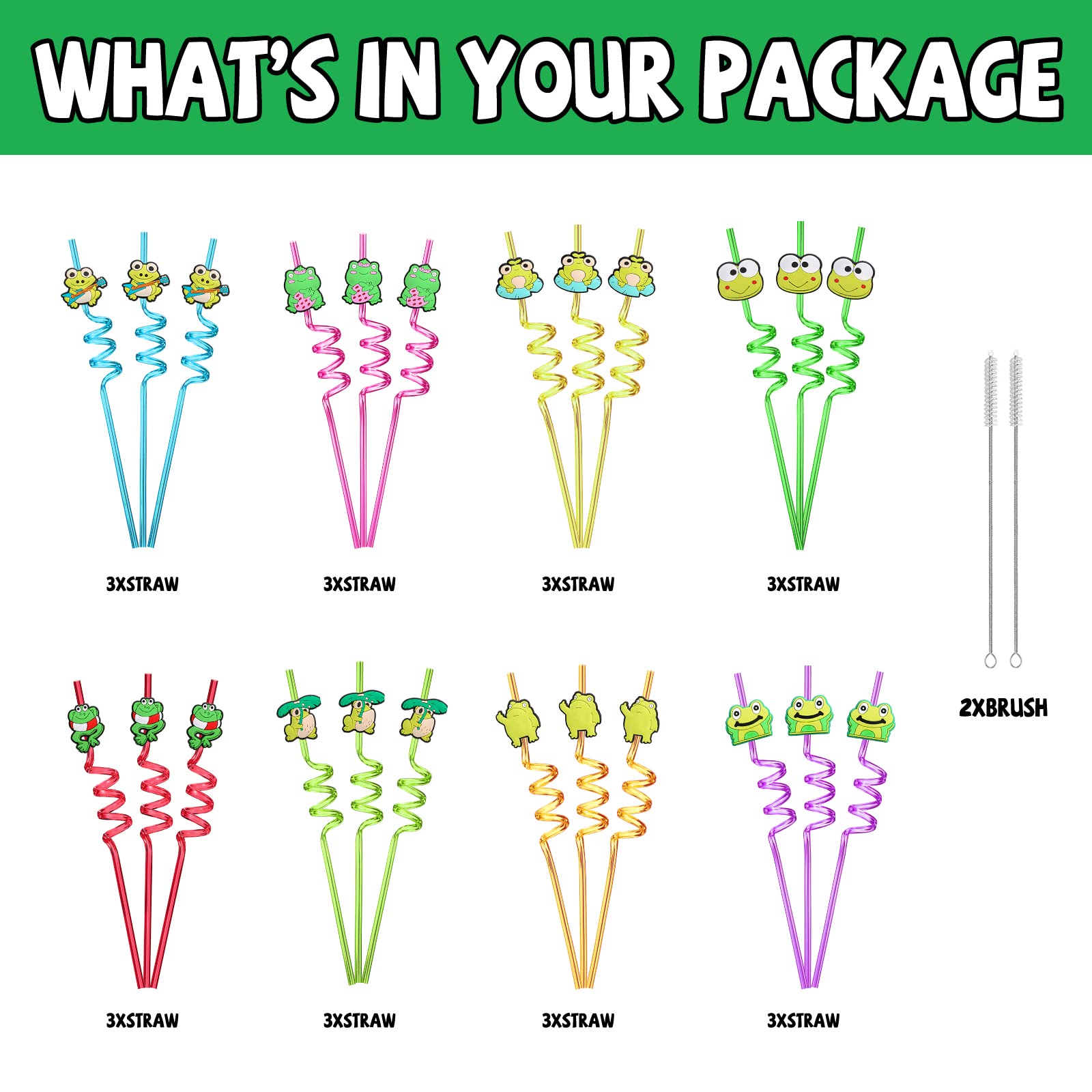24 Frog Party Favors Drinking Straws with 2 PCS Straws Cleaning Brush for Funky Frogs Party Supplies