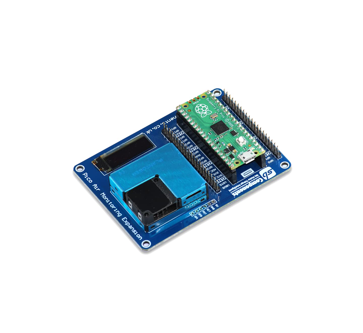 sb components Raspberry Pi Pico Air Monitoring Expansion PMSA003 Sensor Air Monitor HAT for Raspberry Pi Pico with inbuilt 0.91" OLED Display