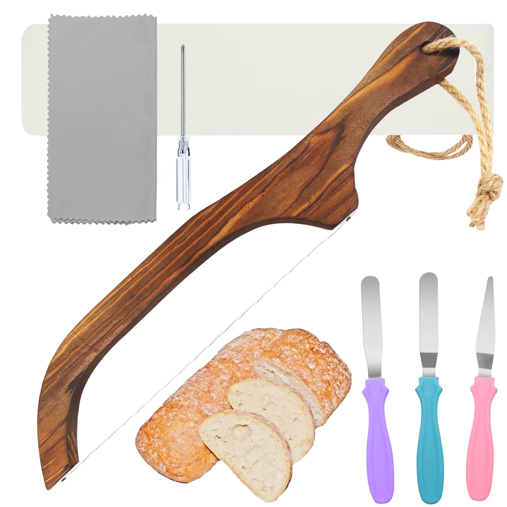 RIJIAKESEN Bread Knife, Sourdough Bread Slicer for Homemade Bread, Wooden Bow Design by Baker and Stainless Steel for Easy Cutting,Multipurpose Bread Cutter.
