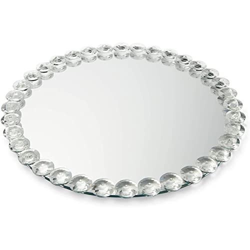 Okuna Outpost 12 in Crystal Bead Round Mirror Tray to Display Perfume, Jewelry, Candles, Bling Serving Tray for Bathroom, Living Room, Office, Vanity, Home Decor