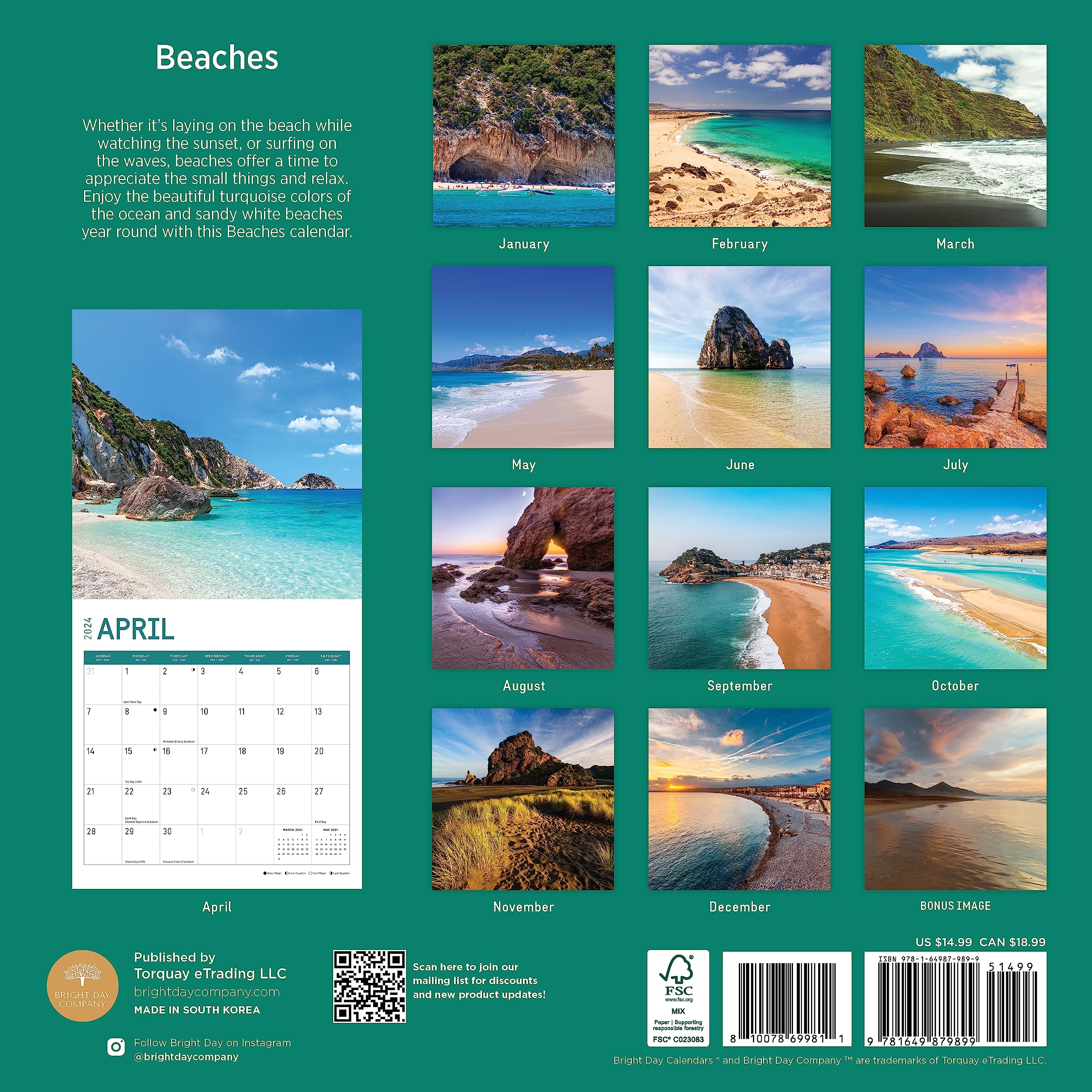 2024 Beaches Monthly Wall Calendar by Bright Day, 12 x 12 Inch Beautiful Landscape Photography Gift