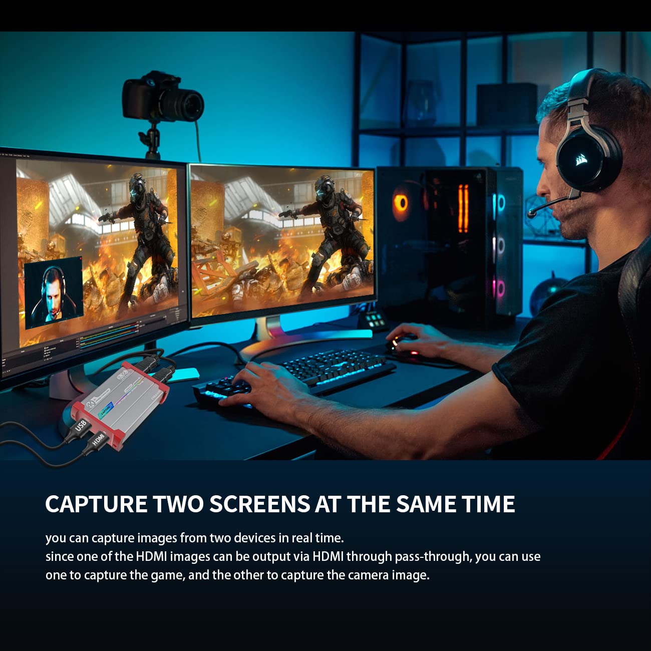 Mirabox Dual HDMI Capture Card for Streaming 2 in 2 Out,Support Dual 4K@30Hz Input,4K@30Hz Passthrough,USB3.0 1080P Capture for OBS Camera DSLR Live Streaming