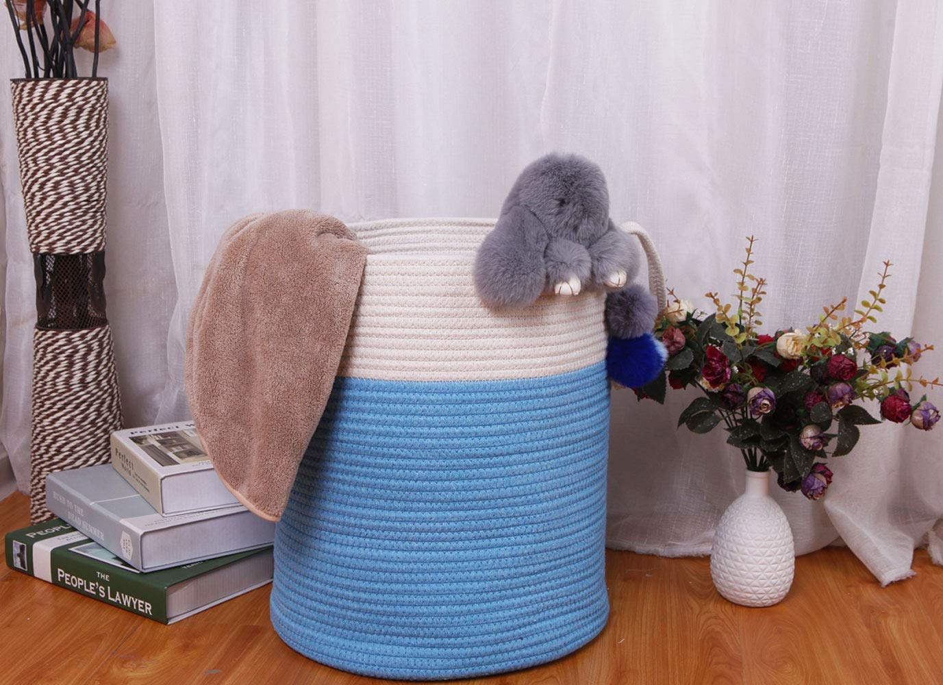 CraftEarth Blue Storage Basket for Nursery 40 by 35 cm - Woven Decorative Basket Large Natural Cotton Rope Basket with Handles