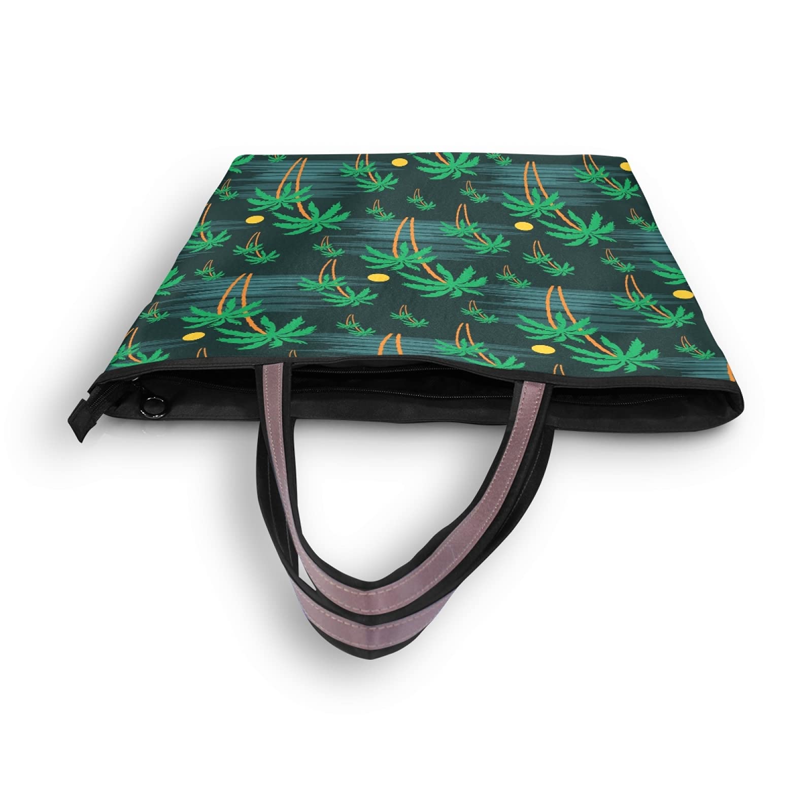 Women Tote Bag Zippered Shoulder Handbag Tropical Leaf Tote Purse with Pocket