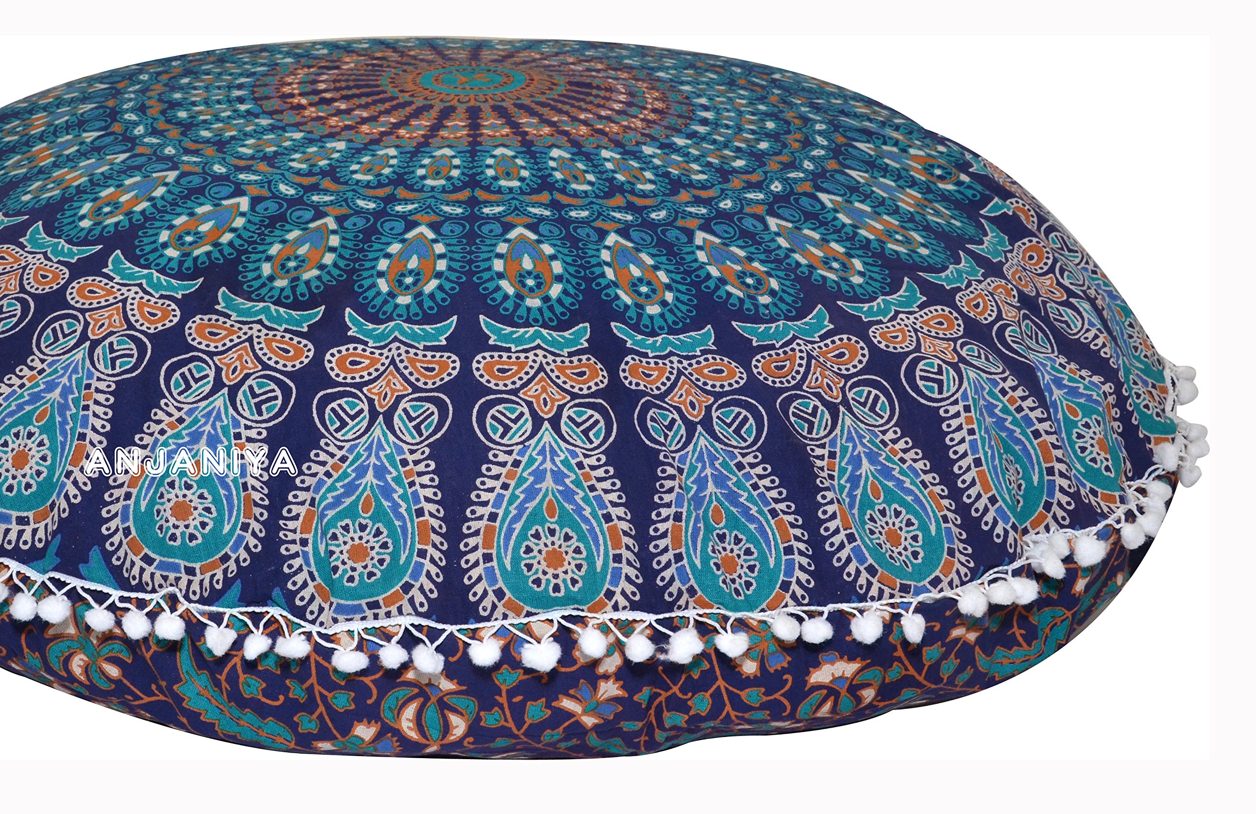 ANJANIYA - 32" Peacock Mandala Bohemian Yoga Meditation Floor Pillow Cover Comfortable Home Car Bed Sofa Cushion Couch Seating Large Zipped Throw (32 inches, Blue Green)