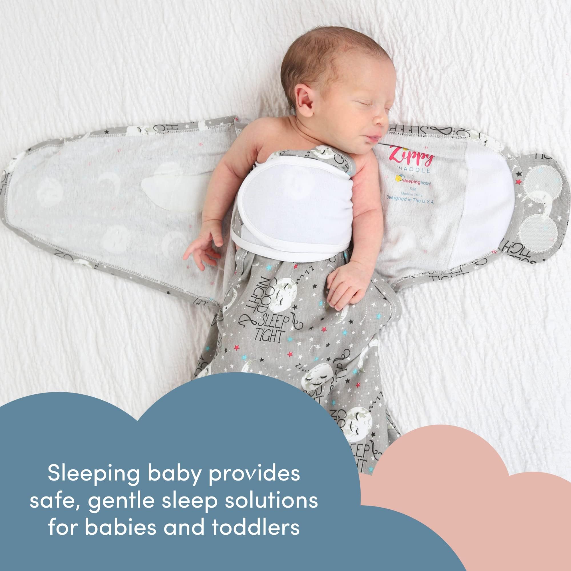 SleepingBaby Zippy Swaddle - Baby Swaddle Blankets with Convenient Bottom Zipper - Goodnight Moon - Medium/Large - 2 Pack