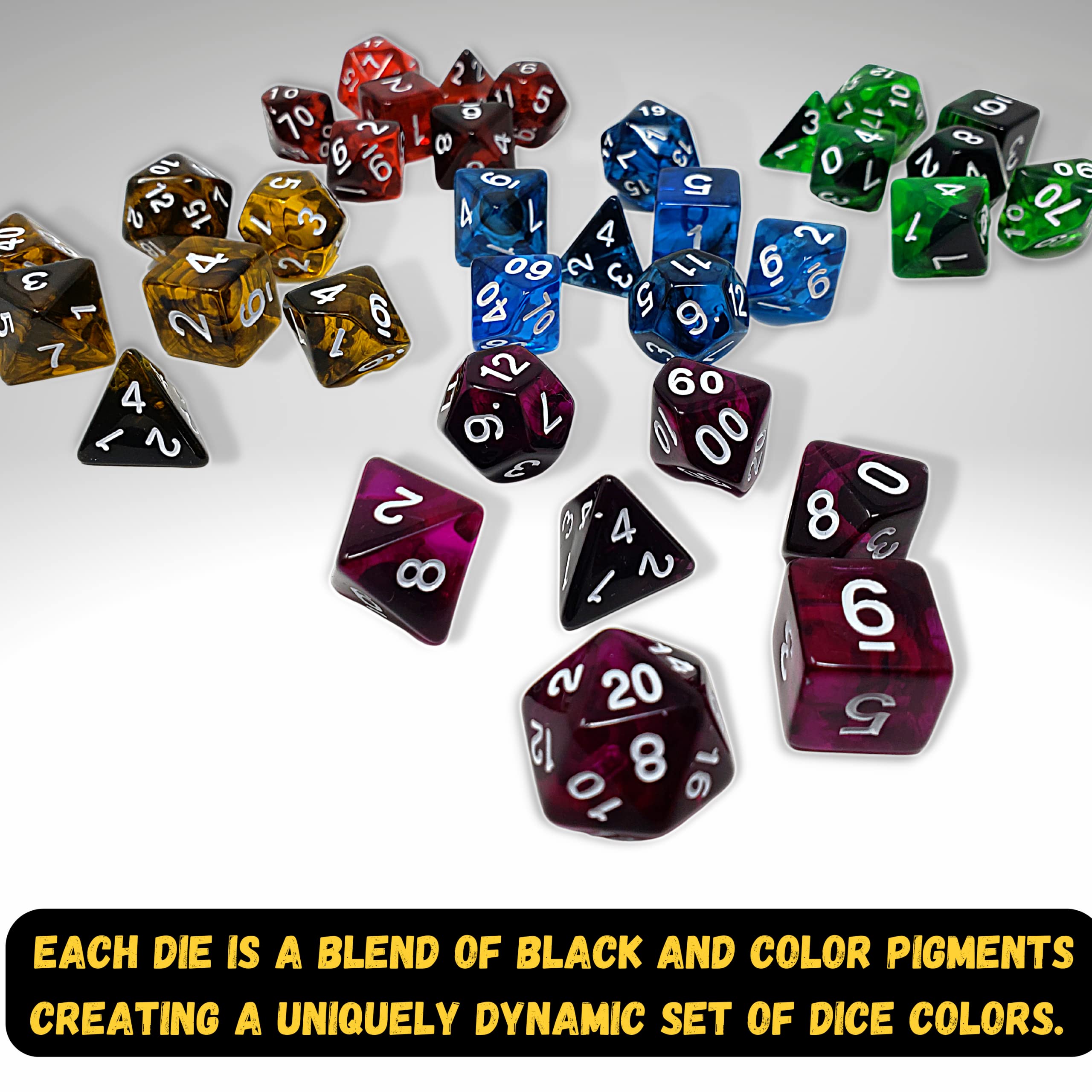 35 Piece Dice Collection Includes 5 RPG Dice Sets in Red, Green, Yellow, Purple and Blue. 7-pc Polyhedral Dice Sets Include D20 dice, D12 dice, D10 dice/percentile dice, D8 dice, D6 dice and D4 dice