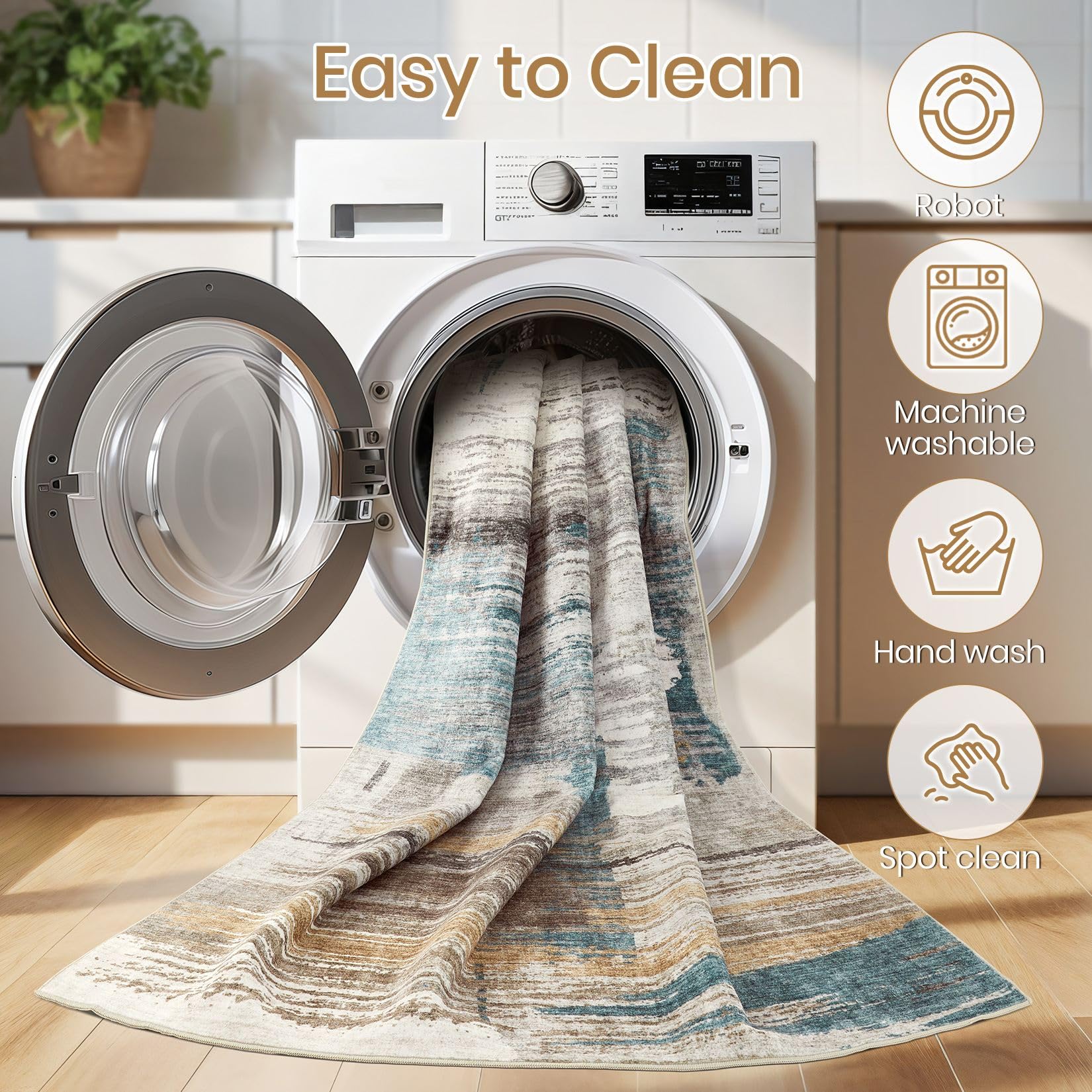 8x10 Rugs for Living Room: Large Modern Washable Super Soft Abstract Area Rug Neutral Contemporary Low Pile Carpet for Bedroom Dining Room Nursery Home Office Decor - Blue/Grey/Gold