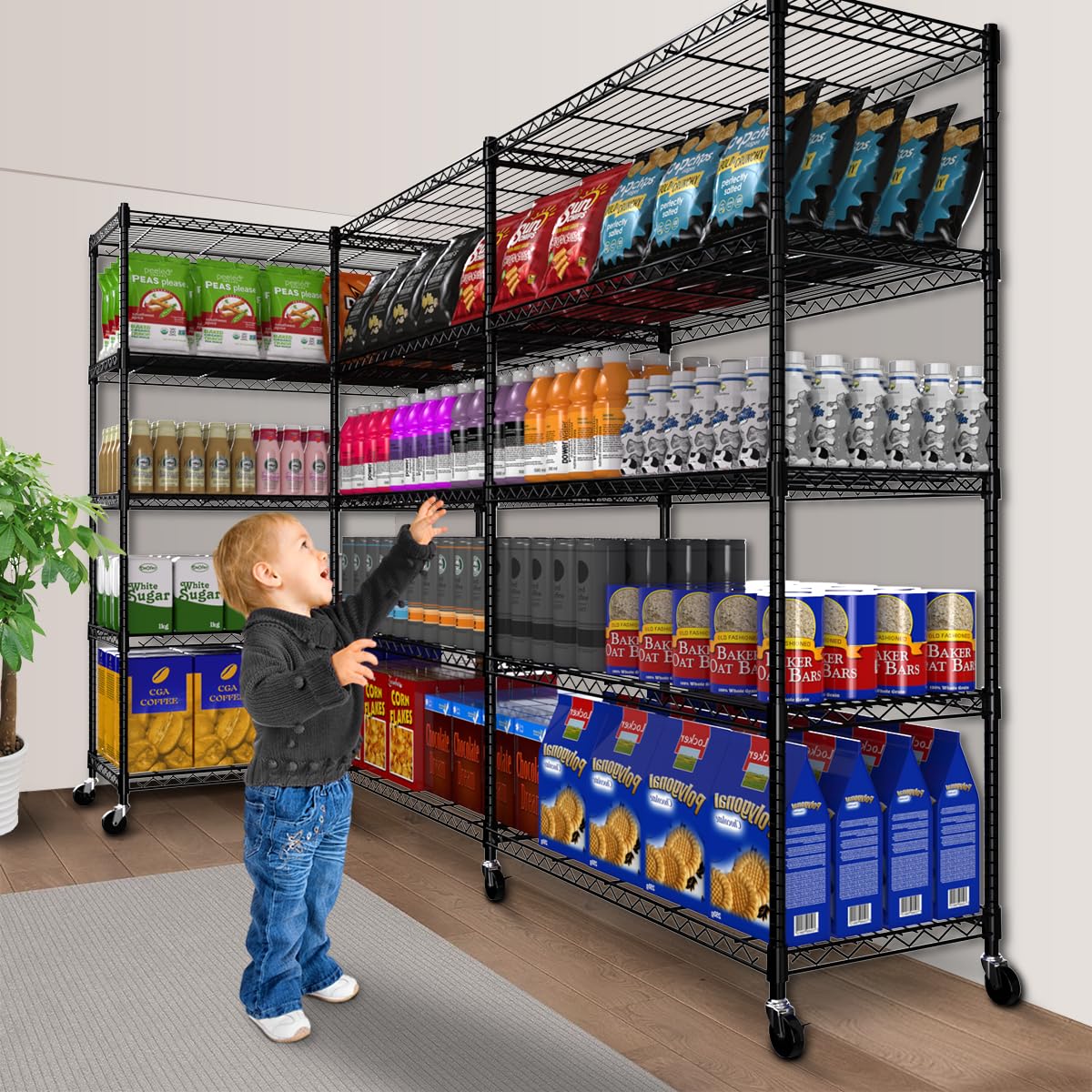 LaCyan 5-Tier 76" H Adjustable Storage Shelving Unit, Heavy Duty Steel Wire Rack with Wheels and Adjustable Feet for Pantry, Garage, Bakers Rack Kitchen Shelving (350 lbs/Shelf), Black