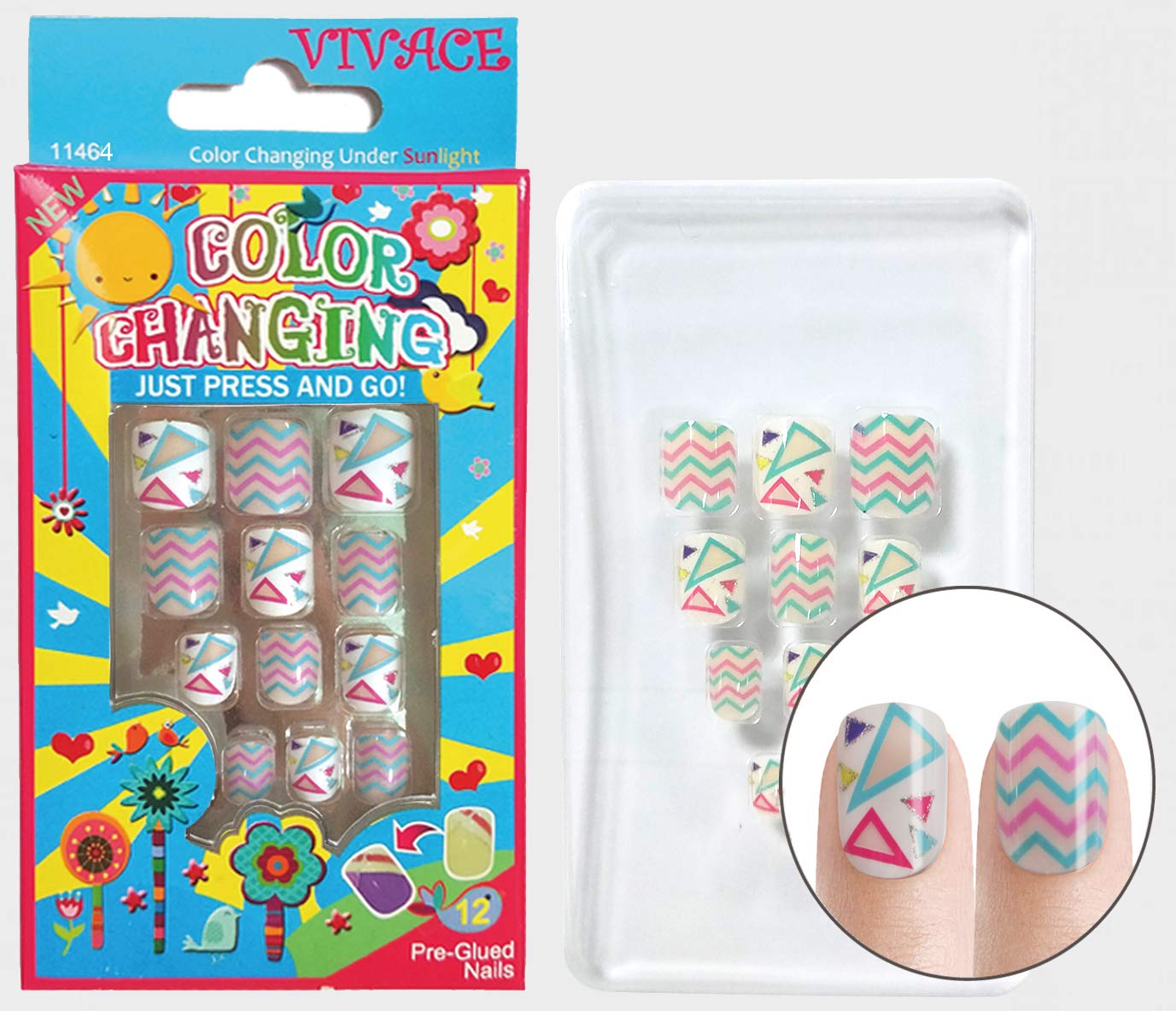 Vivace 4Pack 48Tips Color Changing Under Sun Fake Nails, Artificial Preglued Junior Sticker Nails 11461 etc (Sun 1)