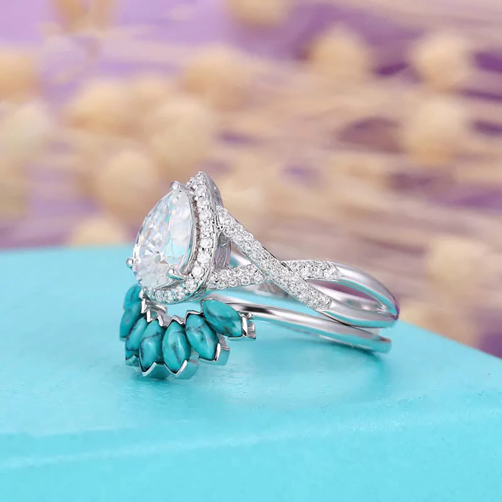 2PC Women Shining White Crystal Water Drop Shape Ring,Turquoise Ring Promise Rings Engagement Wedding Band Ring Sets