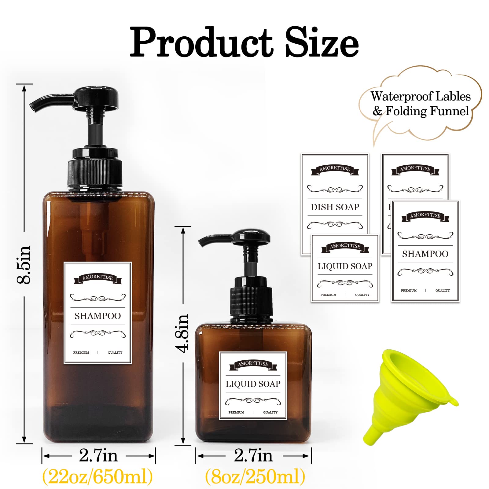 Amorettise 6 Pack Shampoo and Conditioner Dispenser Bottles - 4 Pack 22 Ounce and 2 Pack 8 Ounce Refillable Square Plastic Pump Bottles Shower Soap Dispenser for Shampoo Conditioner Body Wash (Amber)