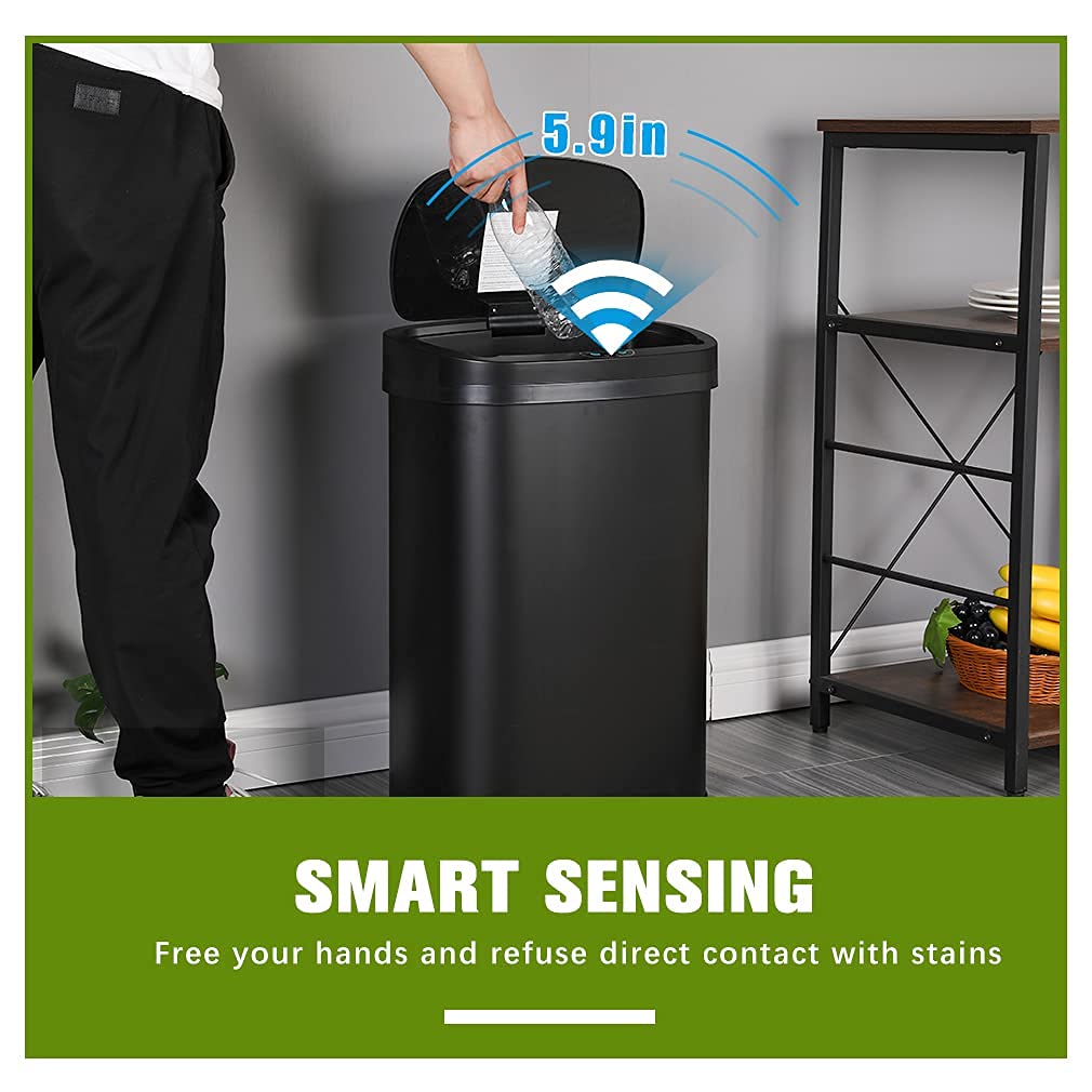 Automatic Touchless Trash Can Touch Free Kitchen Trash Bin Stainless Steel Garbage Can with Lid Soft Close Waste Bin for Kitchen Living Room Office Bathroom, 13 Gallon 50L, Black