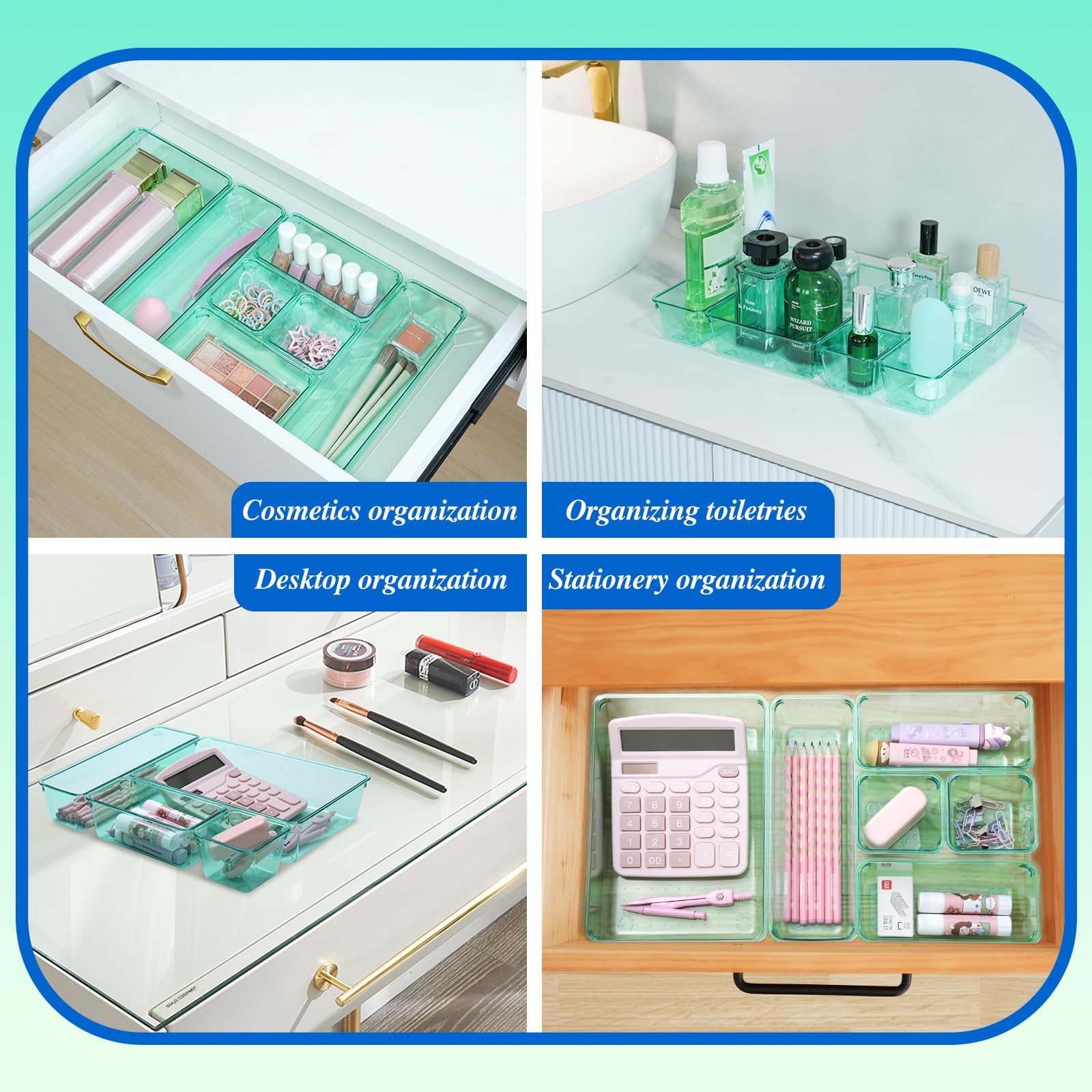25 PCS Plastic Drawer Organizers Set, 4-Size Bathroom & Vanity Drawer Organizer Trays, Storage Bins for Makeup, Bedroom, Kitchen Gadgets Utensils & Office (Green)