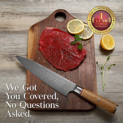 Master Maison Authentic 8" Damascus Steel Chef Knife With Full-Tang Wood Handle, Sheath, Sharpening Stone, Storage Box, & Drying Cloth | AUS-10 Japanese Ultra Sharp Stainless Steel Chef's Knife Set