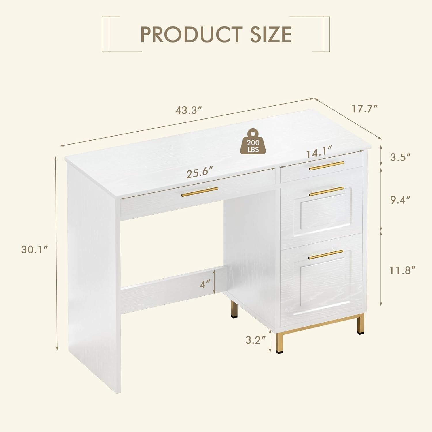 4 EVER WINNER Small Desk with Drawers and Golden Handles, 43" White Desk with Drawers, Wood Writing Study Table with Storage, White and Gold Desk for Small Spaces, White