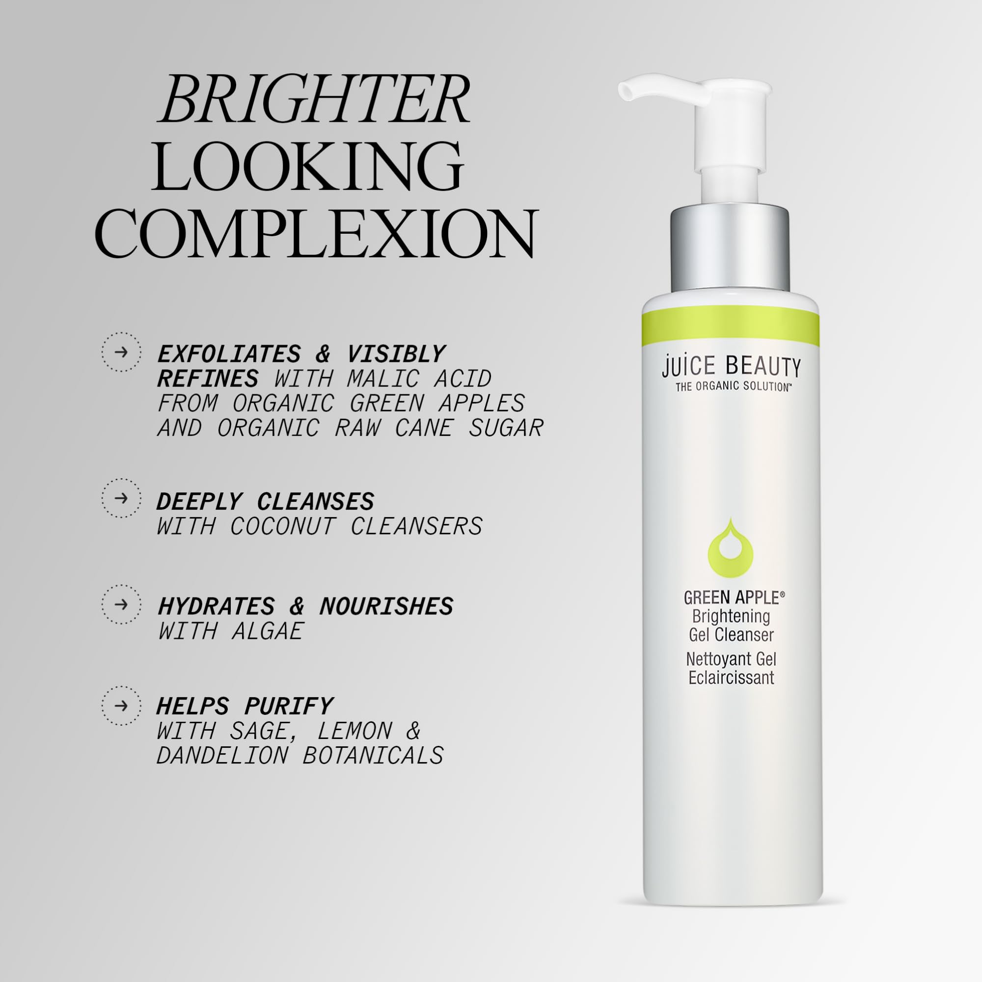 Juice Beauty Green Apple Brightening Gel Cleanser - 133 mL - Exfoliates + Visibly Refines Skin - Vegan, Cruelty Free