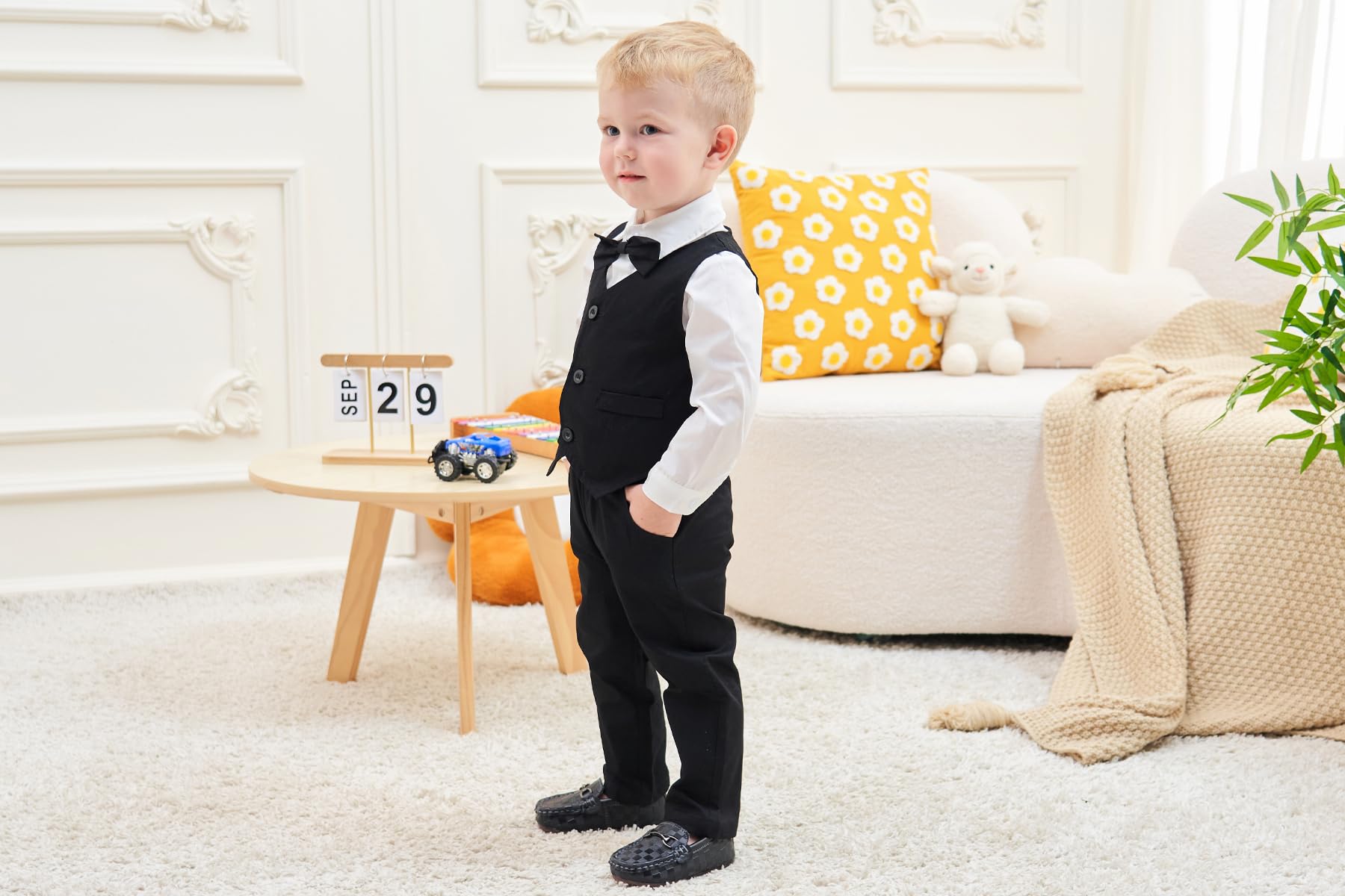 Toddler Boy Clothes Suit Gentleman Wedding Outfits, Formal Dress Shirt+Bowtie+Vest+Pants, US 18-24 Months = Tag 90
