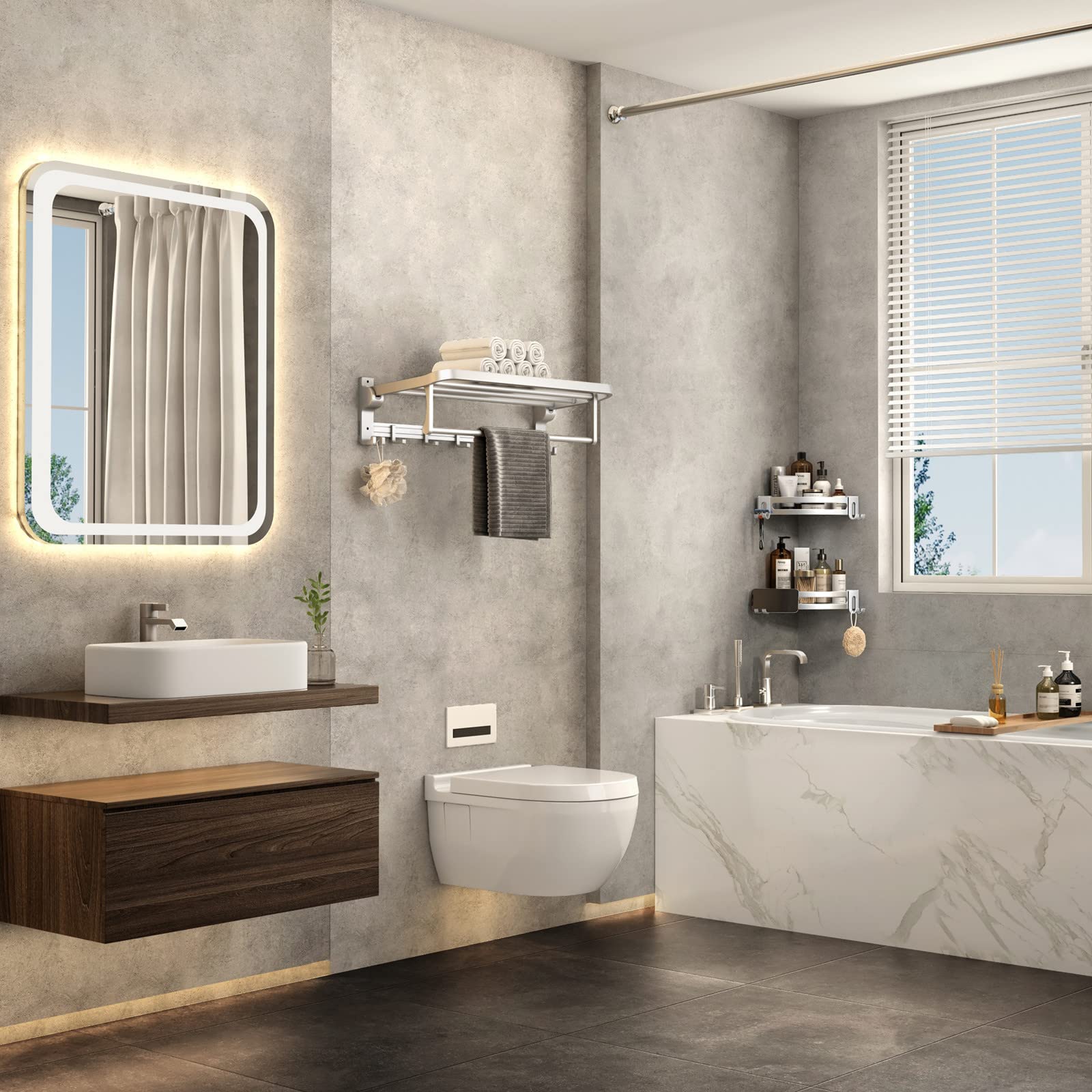 24 Inch Towel Rack with Towel Bar Holder Foldable Towel Shelf with Movable Hooks Rustproof Towel Storage Wall Mount for Bathroom Lavatory Silver