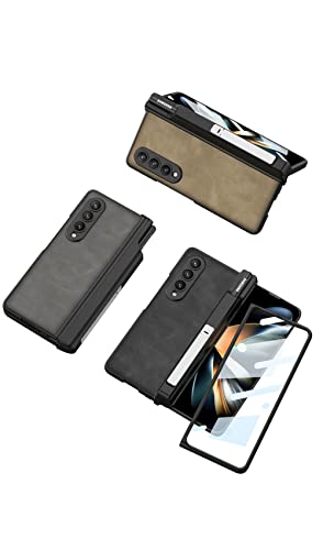 BAILI Samsung Galaxy Z Fold4 Leather Case with S Pen Holder & Screen Protector,Integrated Shell and Membrane Galaxy Z Fold4 Case,360° All-Inclusive Cover Attached Kickstand for Galaxy Z Fold 4 Grey