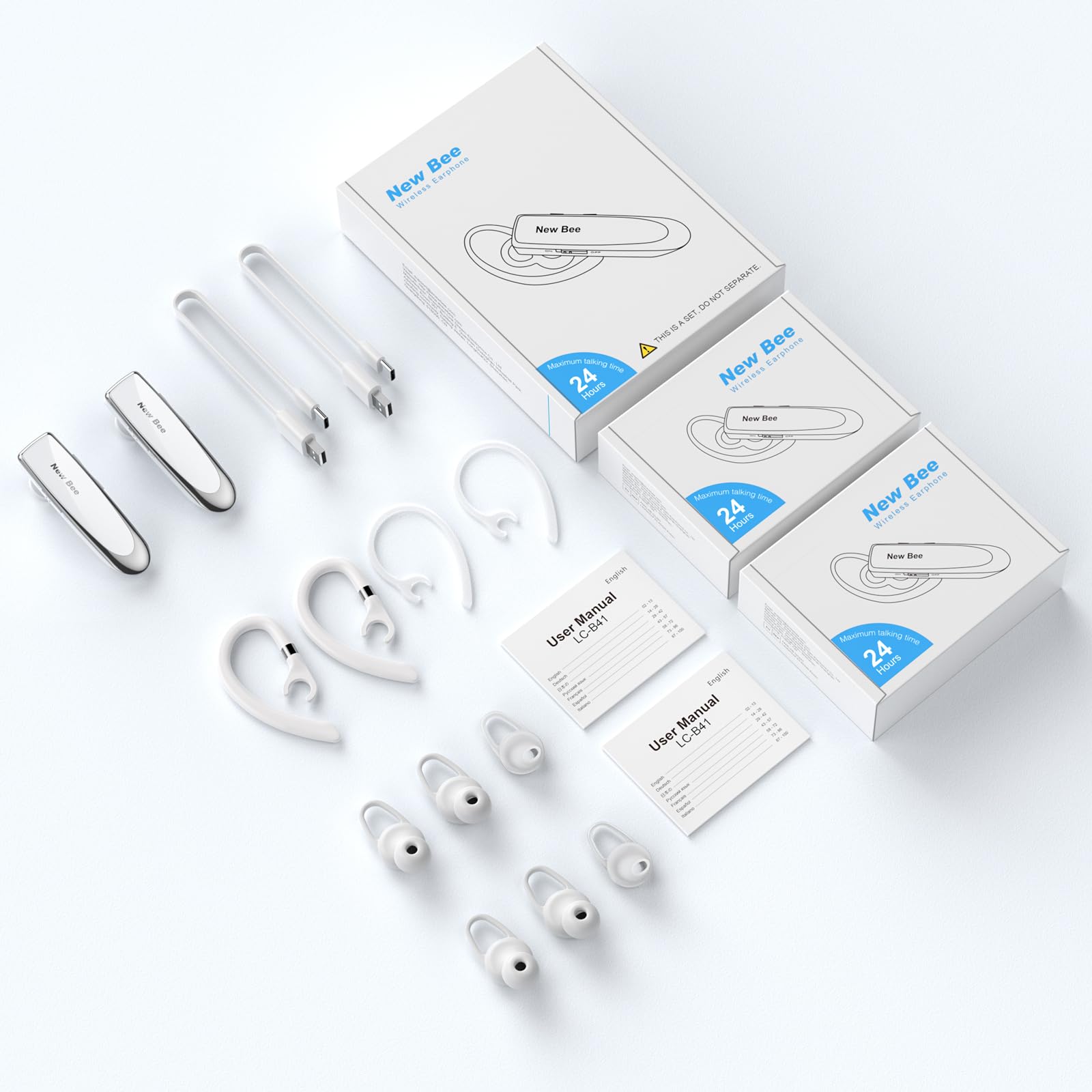 New bee [2 Pack] Bluetooth Earpiece V5.0 Wireless Handsfree Headset 24 Hrs Driving Headset 60 Days Standby Time with Bluetooth Headset for iPhone Android Laptop Truck Driver(White)