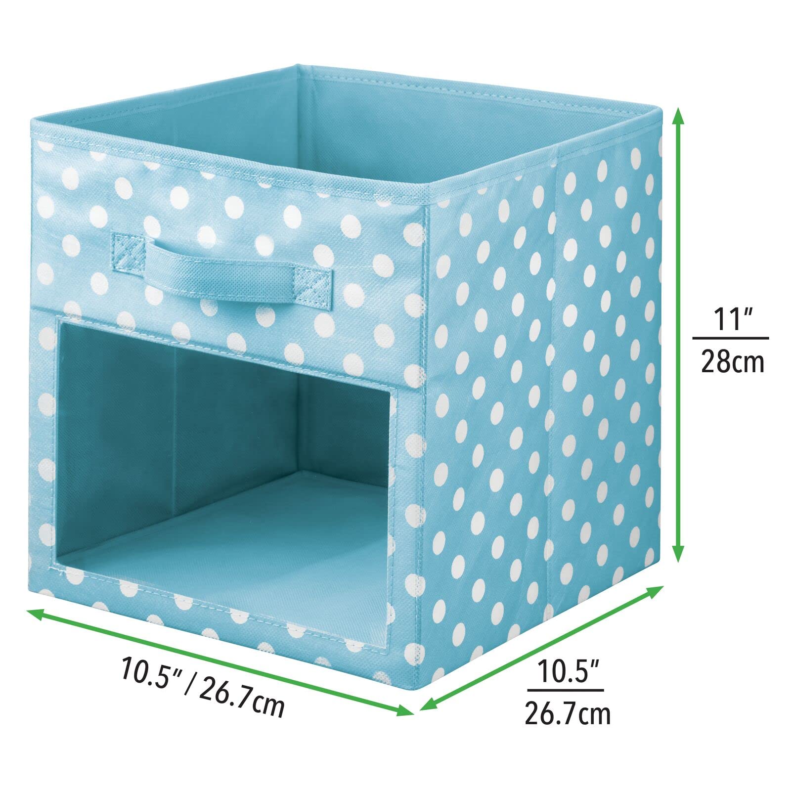 mDesign Fabric Nursery/Playroom Closet Storage Organizer Bin Box, Front Handle/Window for Cube Furniture Shelving Unit, Hold Toys, Clothes, Diapers, Bibs, 2 Pack, Turquoise Blue/White Polka Dot