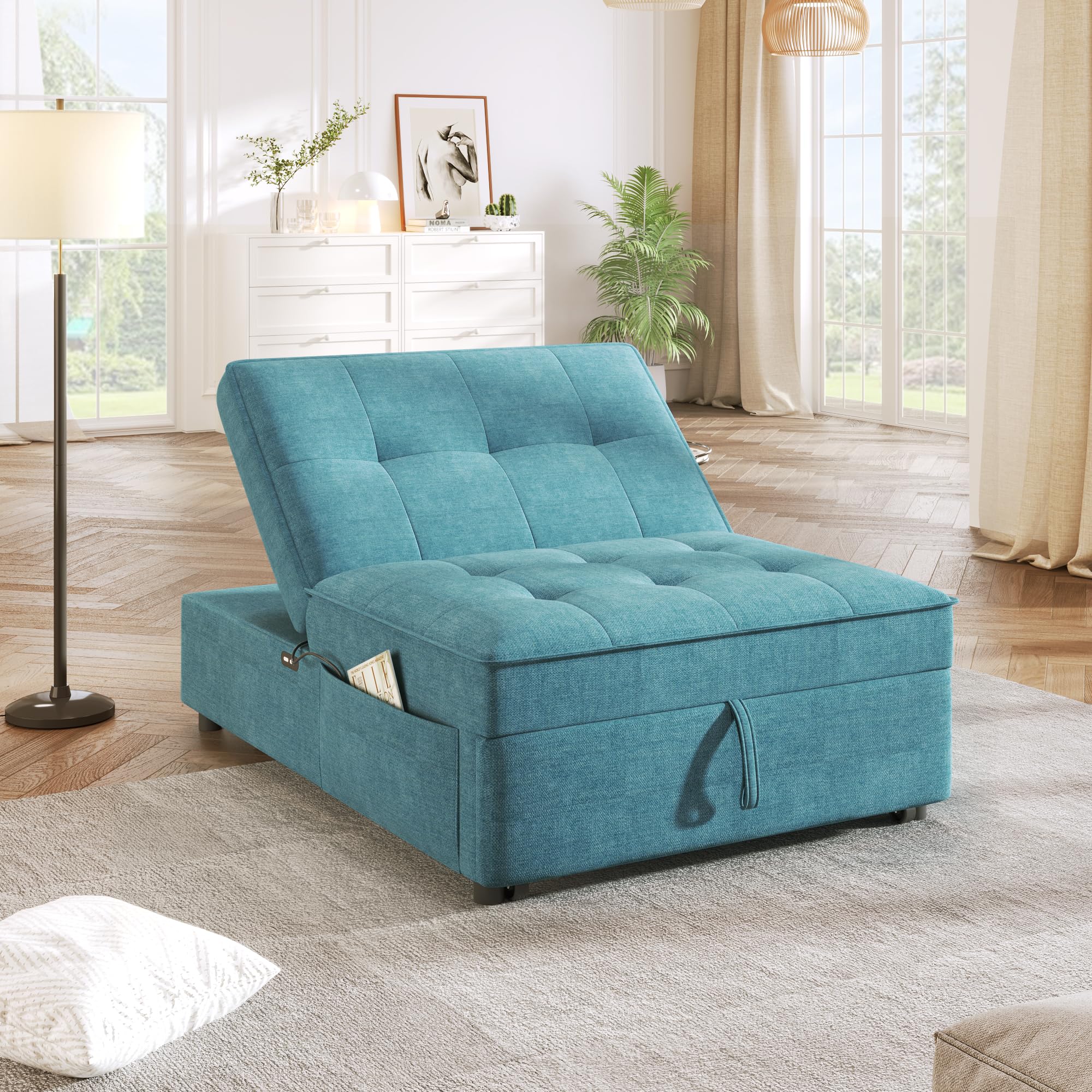 4 in-1 Sofa Chair Bed, Multi-Function Folding Ottoman Bed with Storage Pocket and USB Port for Small Room Apartment,Living Room,Bedroom,Hallway(Teal)