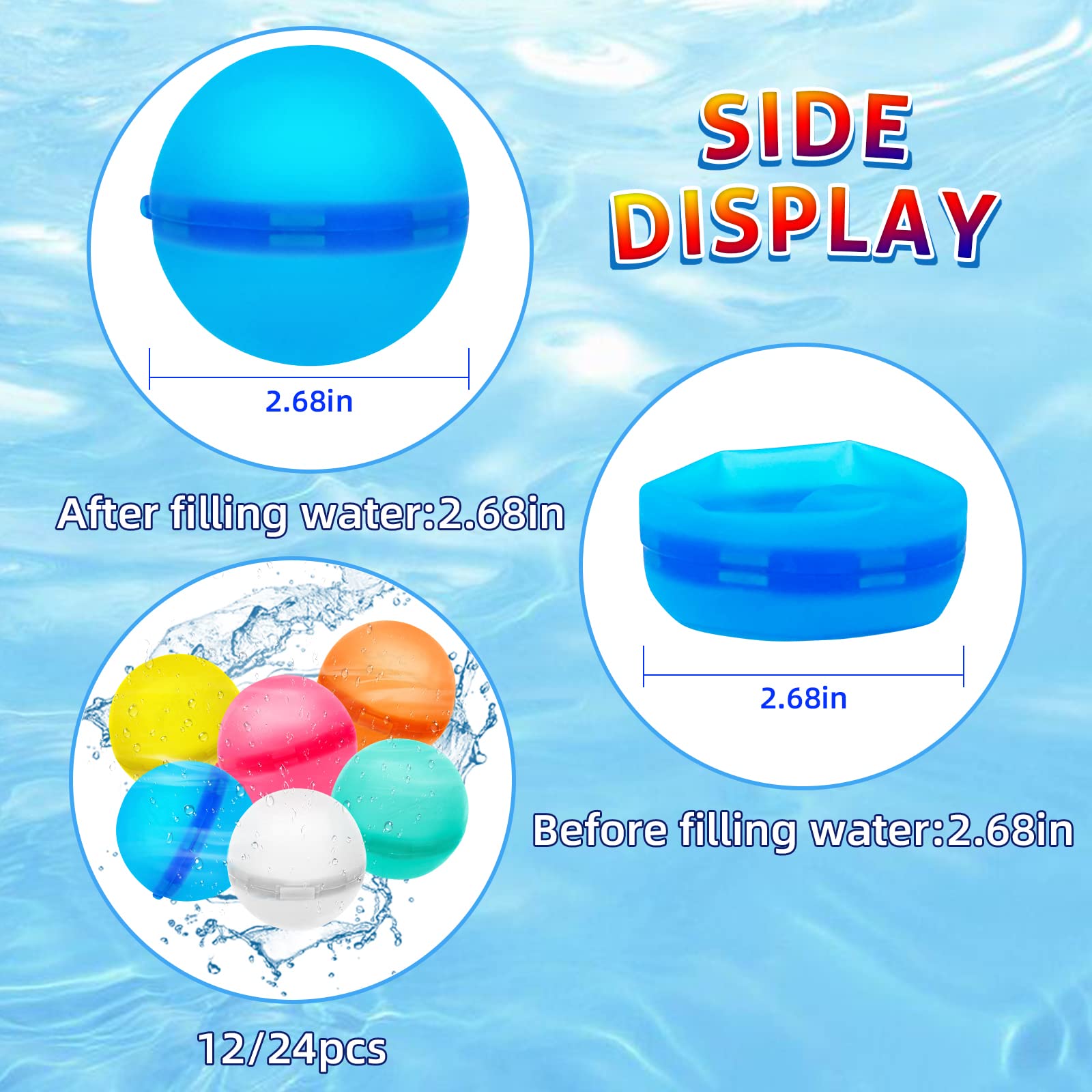24 PCS Reusable Water Balloons Water Balls, Soft Silicone Quick Fill Balloons Splash Fun,Outdoor Backyard Summer Splash Party Easy Quick Fun Water Fight Game for Swimming Pool