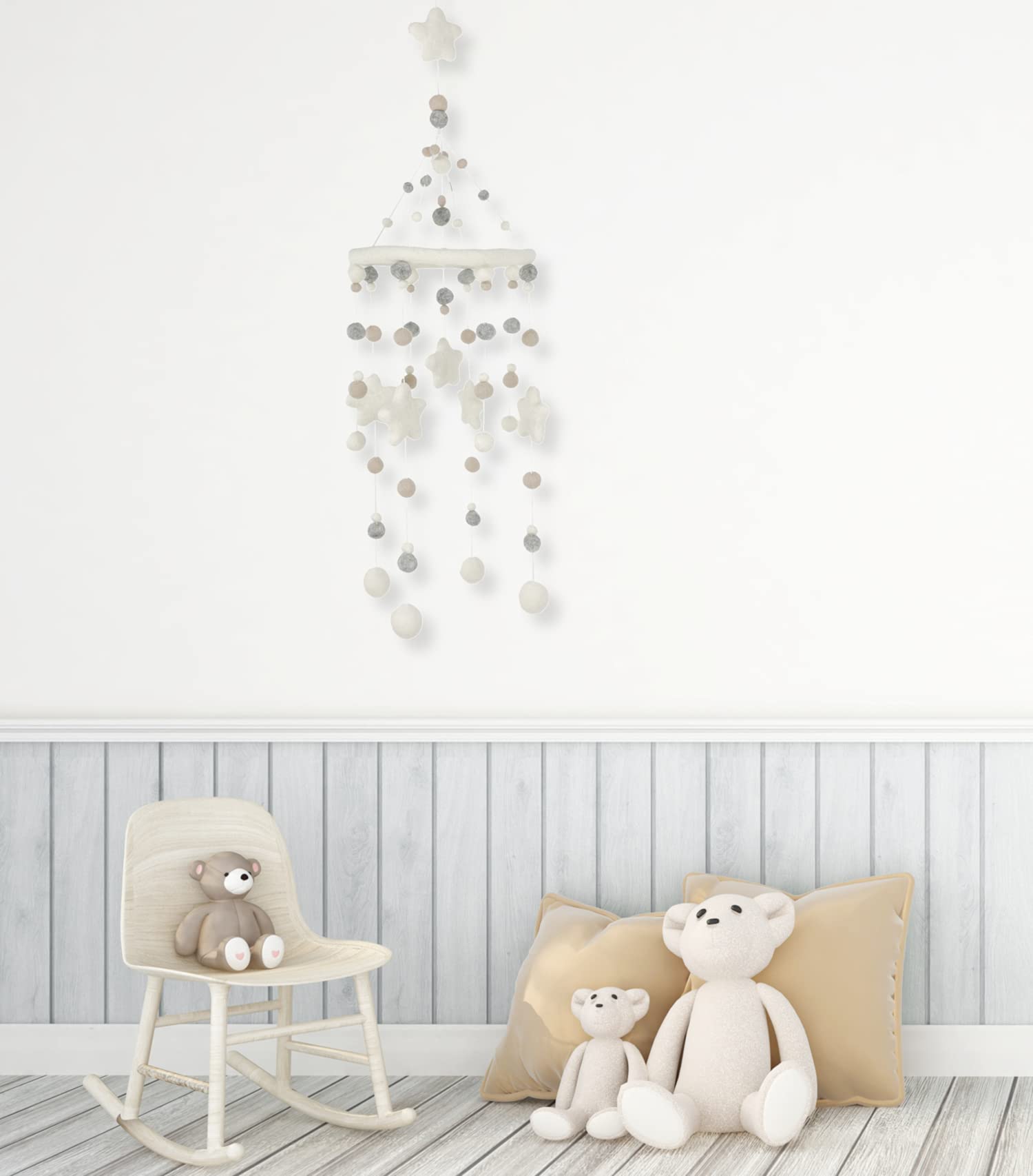 Wool Stars Nursery Mobile for Baby's Room Decoration, Unisex Boy Girl White Grey Taupe