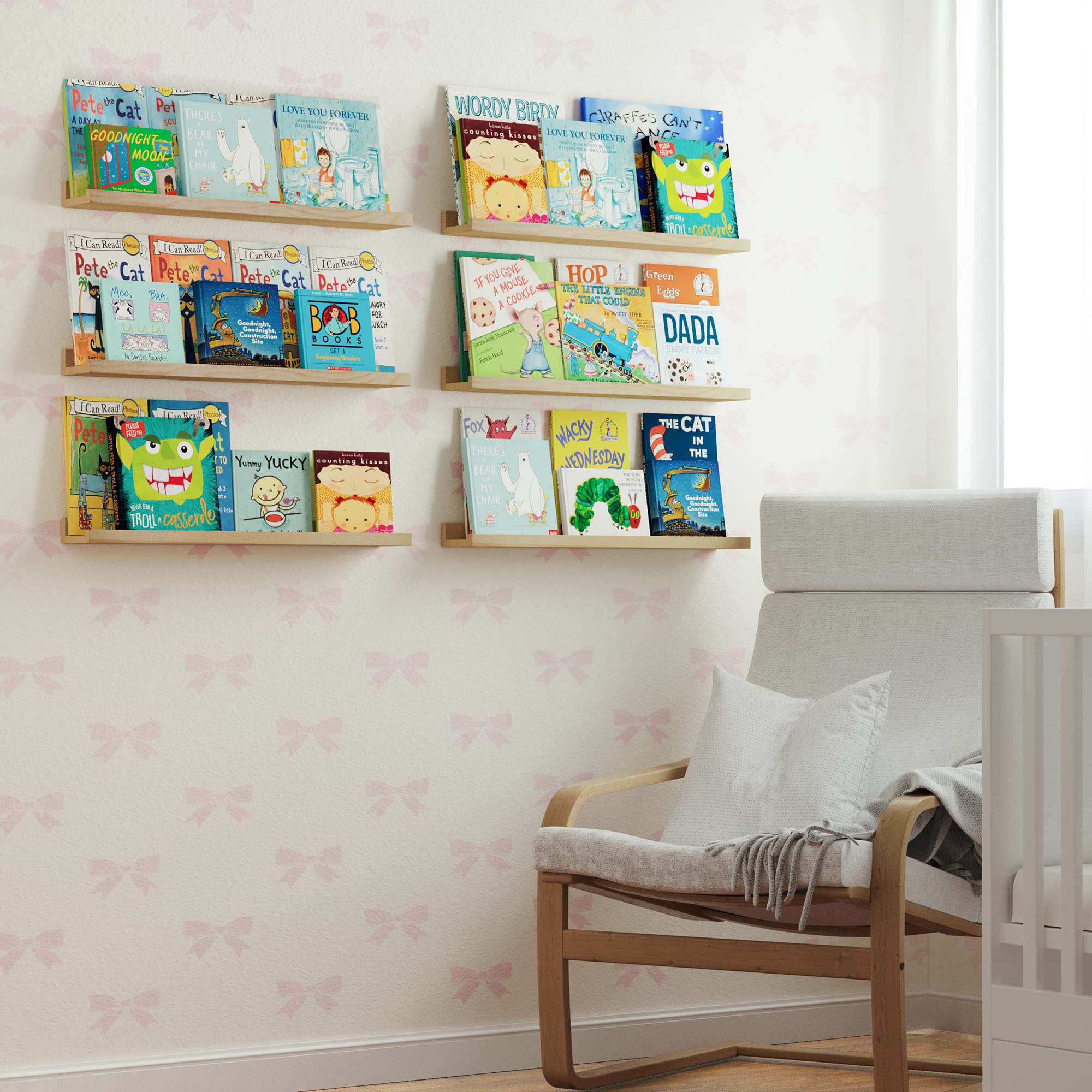 Wallniture Denver 24" Book Shelves for Kids Room Decor and Nursery, Wood Floating Shelves for Wall, Natural Pine, Set of 6