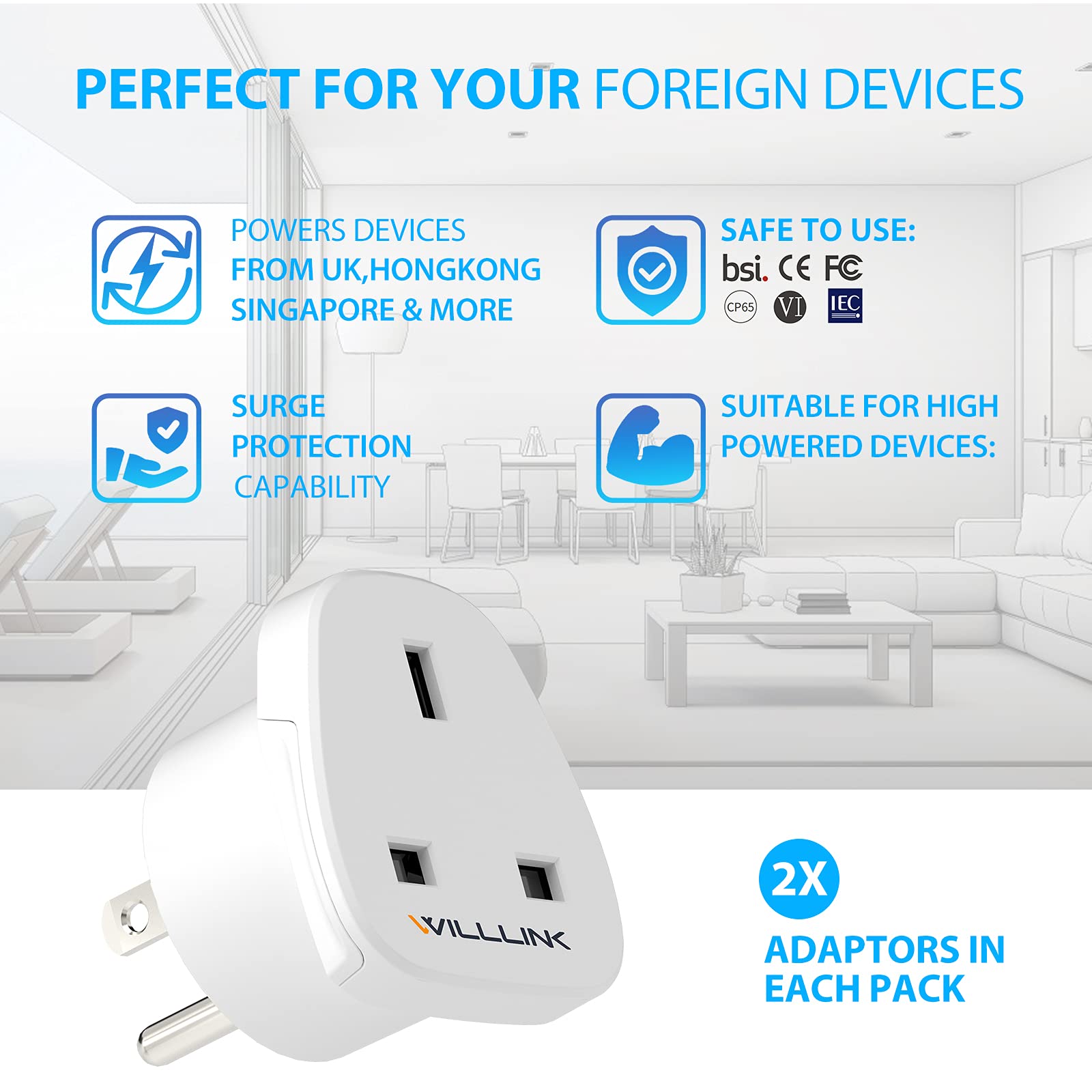 UK to US Plug Adapter [2pack], United Kingdom Plug to America Converter, Convert Type G Plugs from Britain Singapore HK Qatar Saudi UAE Ireland to USA Type B (White)