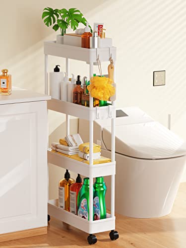 LEHOM 5.1" Slim Storage Cart - 4 Tiers Bathroom Organizer Mobile Shelving Unit Storage Rolling Utility Cart Slide Out Organizer for Kitchen Bathroom Laundry Narrow Places, White