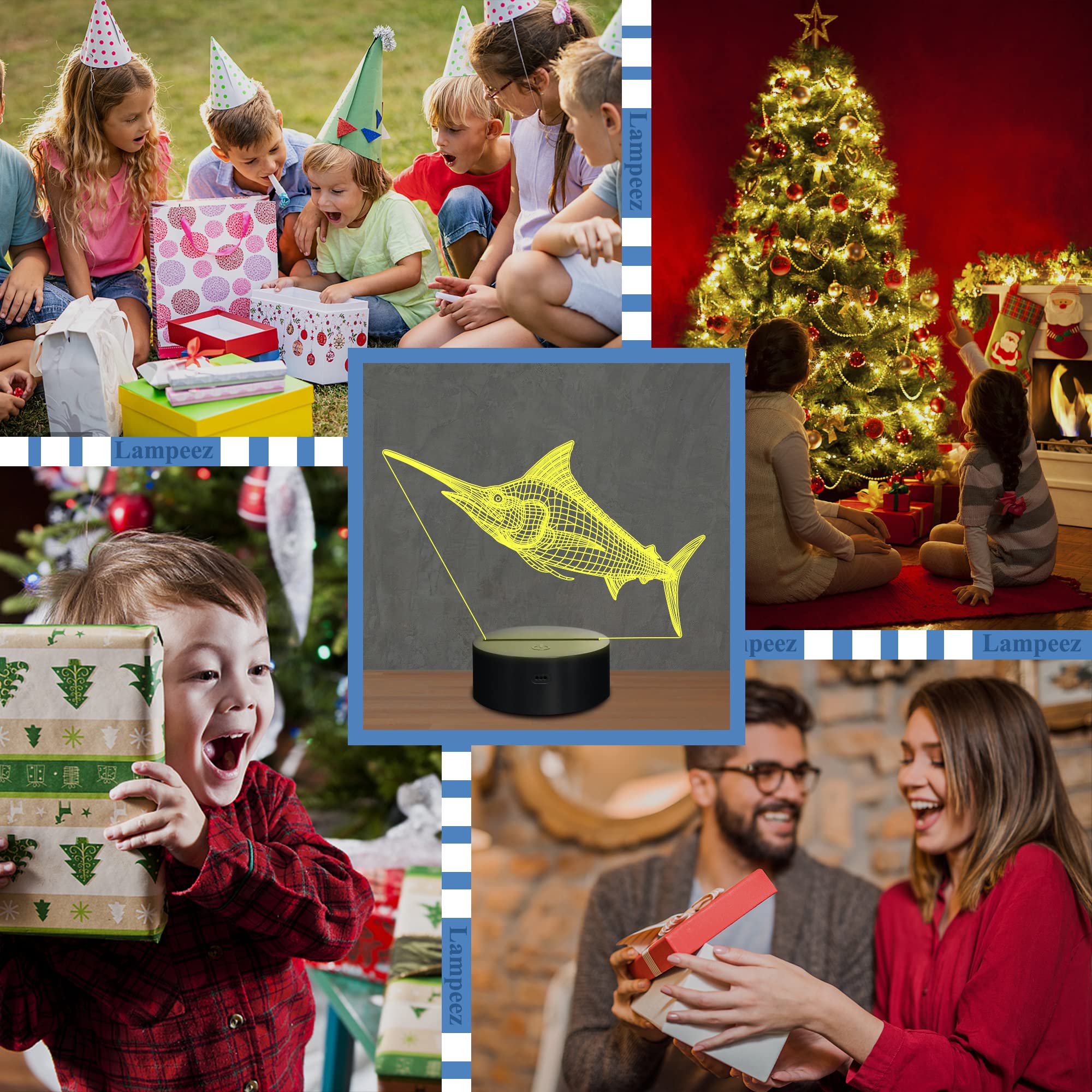 Lampeez Ocean Sea Animals 3D Lamp Kits,Dolphin, Marlin,Shark,Whale 3D Night Light for Kids (4 Patterns) with Remote Control & 16 Colors Changing & Dimmable Function & Xmas Birthday Gifts for Boy Girl