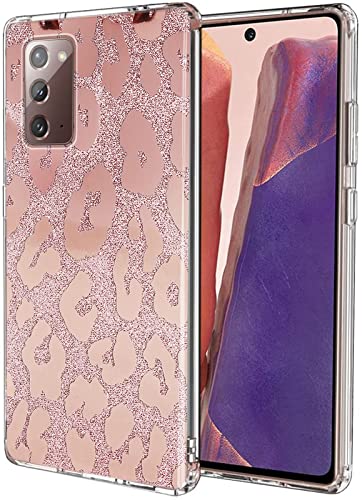 J.west for Samsung Galaxy Note 20 Case 6.7 inch,Luxury Saprkle Bling Glitter Leopard Print Design Soft Metallic Slim Protective Phone Cases for Women Girls Clear TPU Bumper Silicone Cover Rose Gold