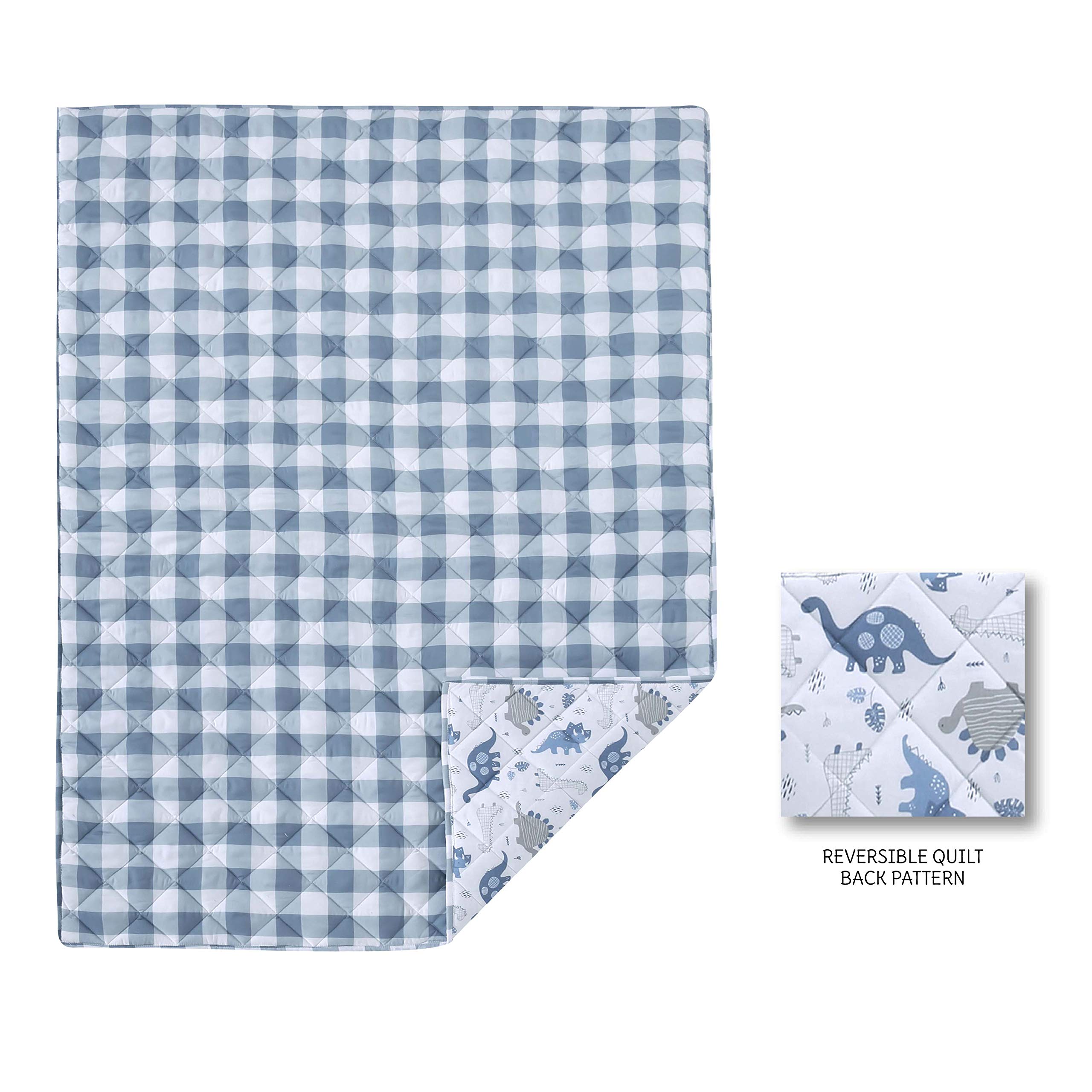 Levtex Baby - Dino Toddler Bed Set - Shades of Blue and Grey - Dinosaur - 5 Piece Set Includes Reversible Quilt, Fitted Sheet, Flat Sheet, Pillow Case, Decorative Pilow