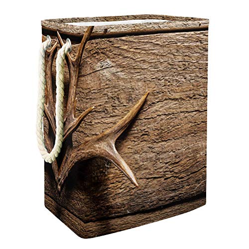 Laundry Basket Deer Antlers Rustic Wooden Foldable Laundry Hamper with Handles Detachable Brackets Well-Holding Waterproof for Clothes Toys Organization in Laundry Room Bedroom Bathroom