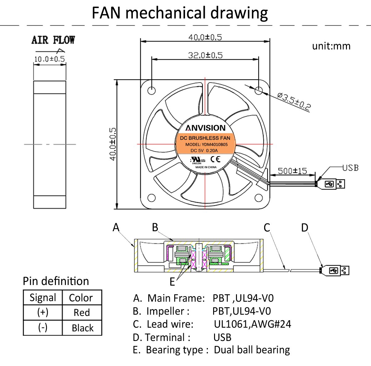 ANVISION 40mm x 10mm DC 5V USB Brushless Cooling Fan, Dual Ball Bearing, YDM4010B05