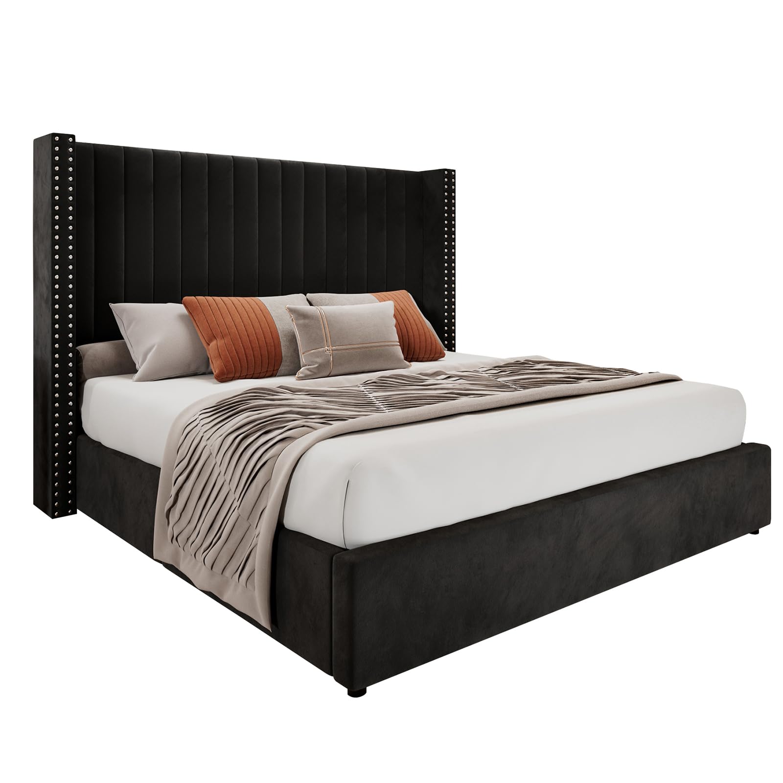 Jocisland Lift up Storage Bed Frame Queen Size, Upholstered Platform Bed Velvet with Channel Tufted Wingback Headboard, No Box Spring Needed, Cream