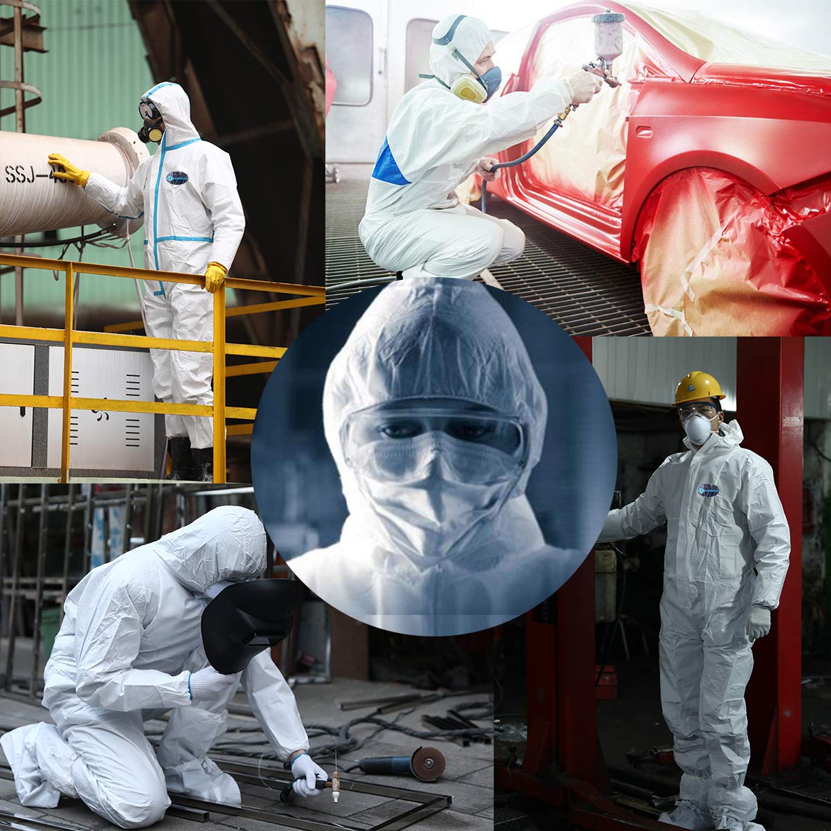 VVicogard Protective Overalls Disposable Coveralls, Front Zipper Elastic Waistband & Cuffs Ankles, SMS Isolation Coverall Suit with Hood for Hospitals, Laboratories, Medical