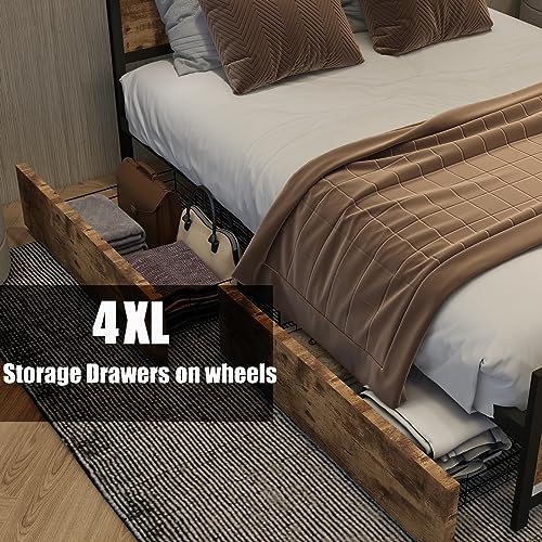 Ailisite Queen Size Bed Frame with Storage Drawers and 2 USB Ports, LED Queen Bed Frame with Headboard, Metal Platform Bed No Noise, Mattress Foundation Strong Metal Slats Support No Box Spring Needed