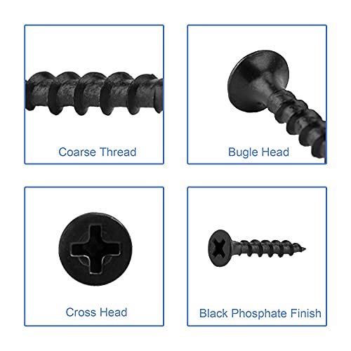 XOOL 200PCS Drywall Screws #7 Coarse Thread Sharp Point Self Tapping Screws Assortment Kit Black, Carbon Steel Wood Screws for Drywall Sheetrock, Wood, Furniture Cabinet