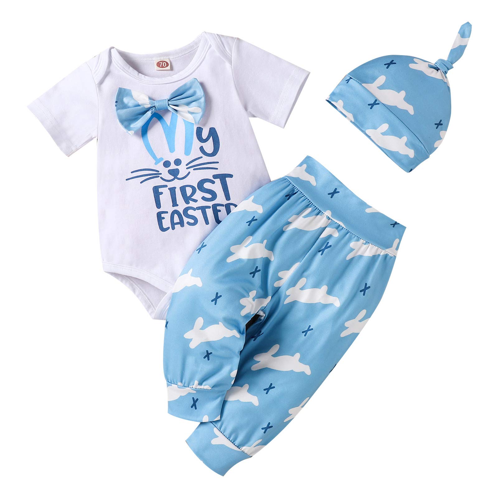 Yuemengxuan My First Easter 3Pcs Outfit Newborn Baby Girl Boy Bunny Printing Romper+Elastic Waist Pants+Cute Hats Set (Blue, 12-18M)