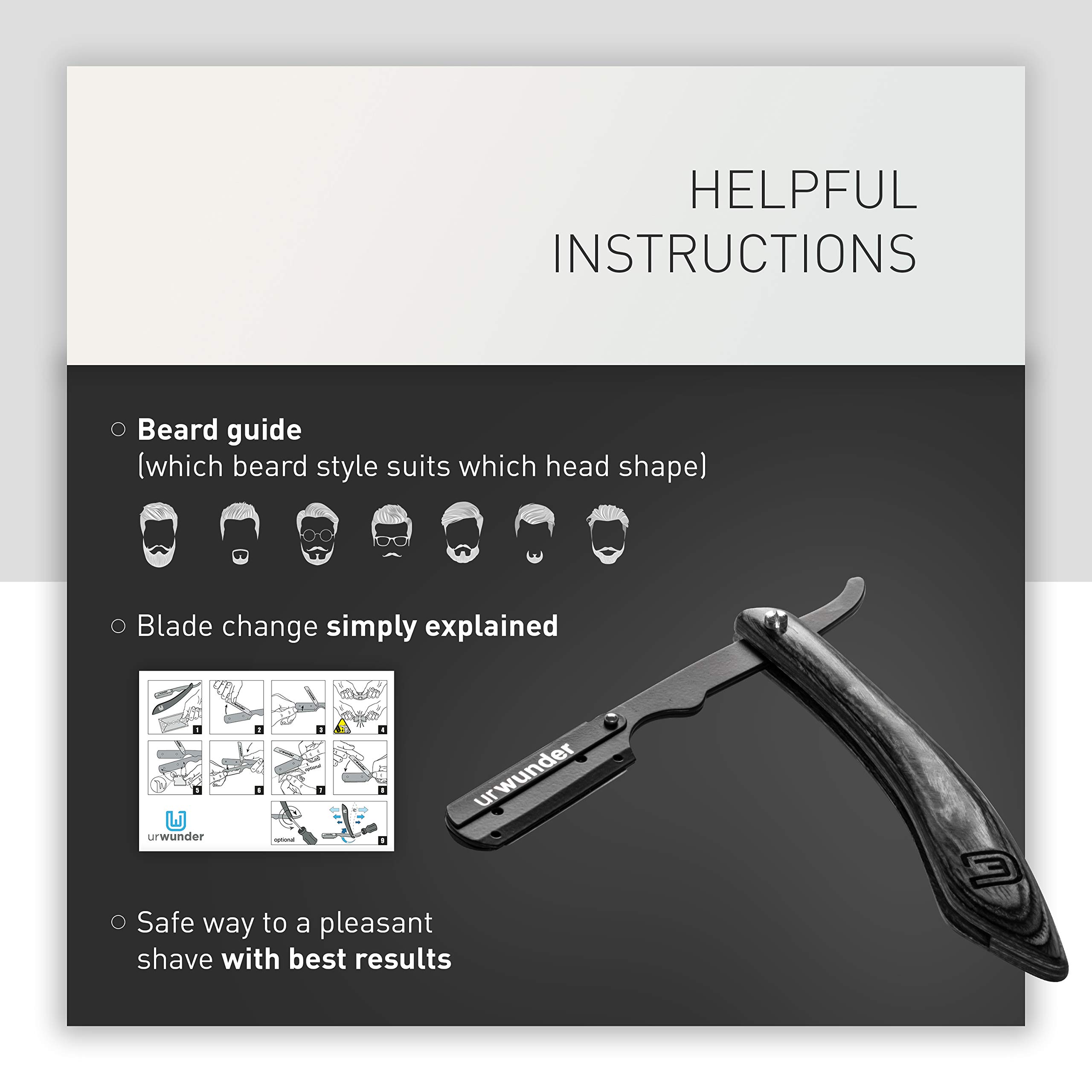 Precise German Straight Razor - urwunder - Shavio - Genuine Leather Case - Simple Manuals - 4-Pin Blade Holder [Black Arm/Black Wood]