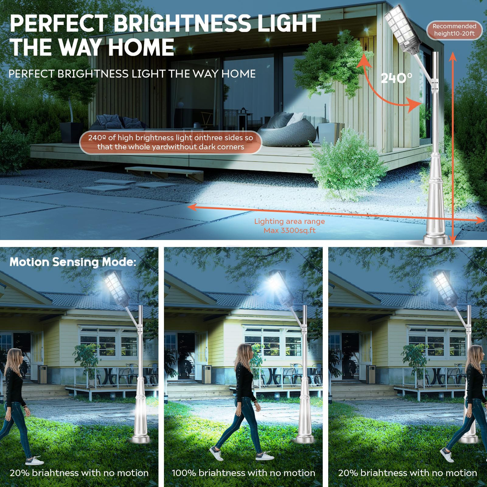 3Packs Solar Lights Outdoor Waterproof | High Brightness LED Solar Outdoor Lights with Remote Control | Solar Powered Street Lights for Garden, Yard, Parking Lots | IP67 Waterproof, Motion Sensor